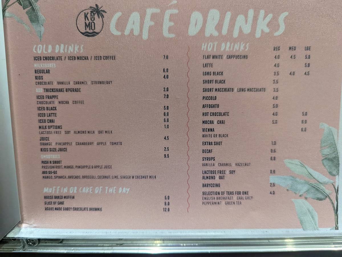 Menu at The Komo restaurant, Redcliffe, 99 Marine Parade
