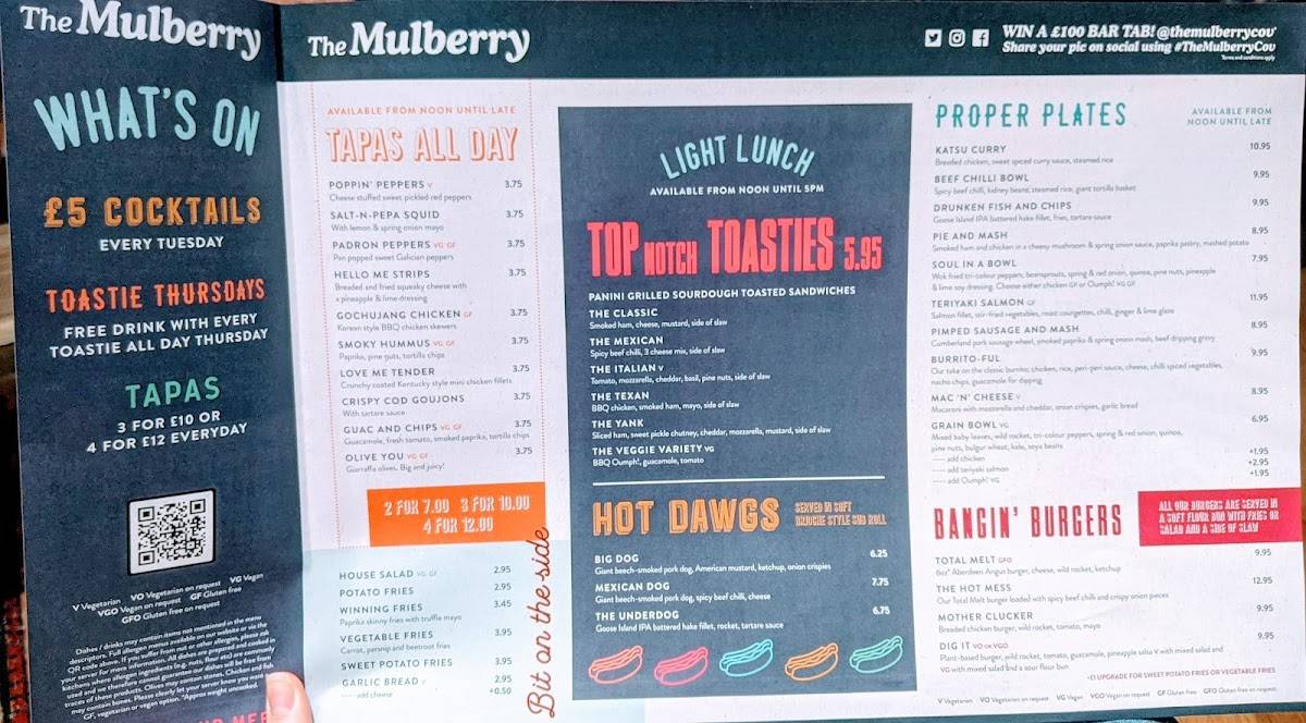 Menu at The Mulberry - Coventry pub & bar, Coventry