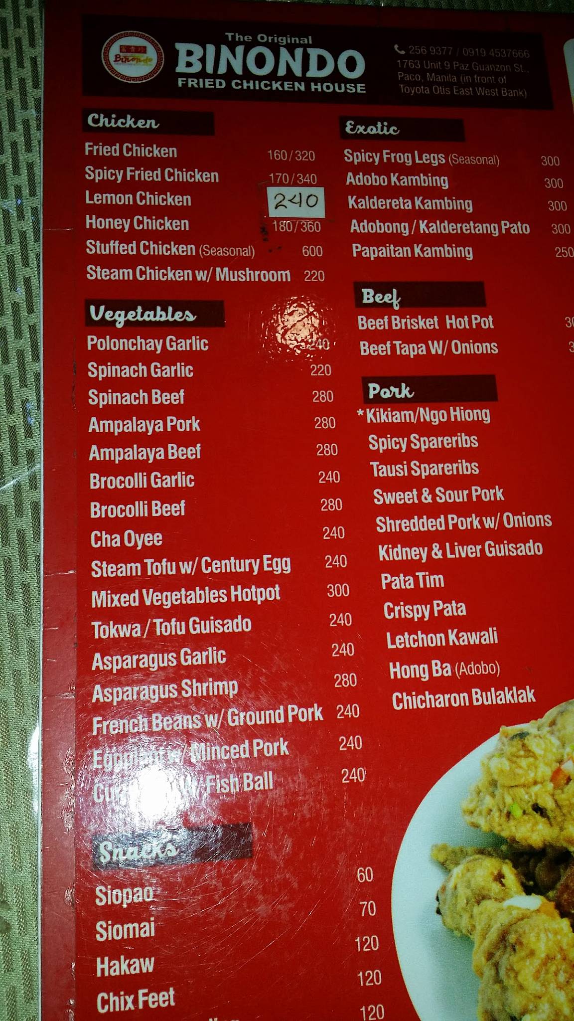 Menu at The Original Chicken Fandian restaurant, Manila, Paz Guanzon Street