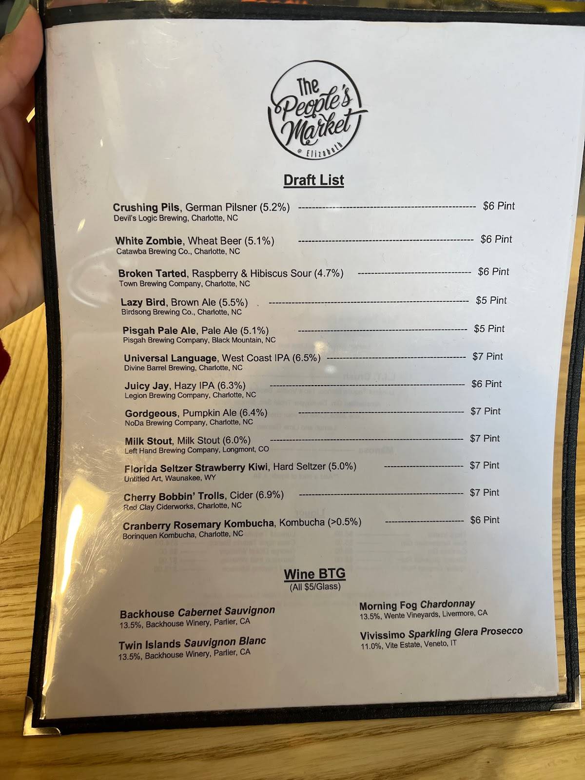 Menu at The People’s Market Elizabeth restaurant, Charlotte