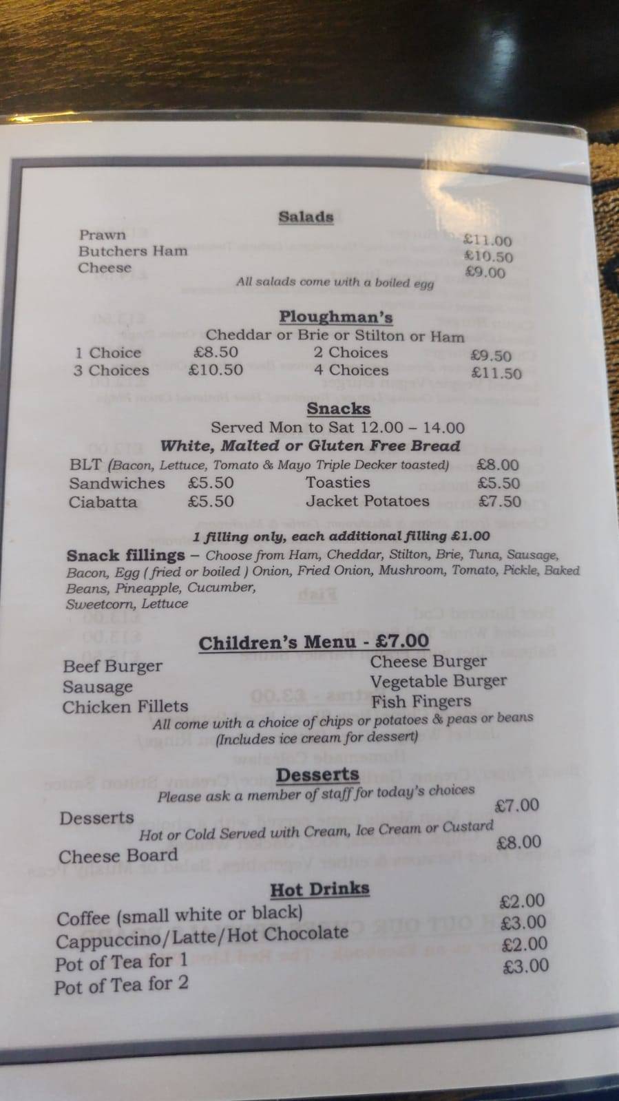 Menu at The Red Lion restaurant, Wisbech