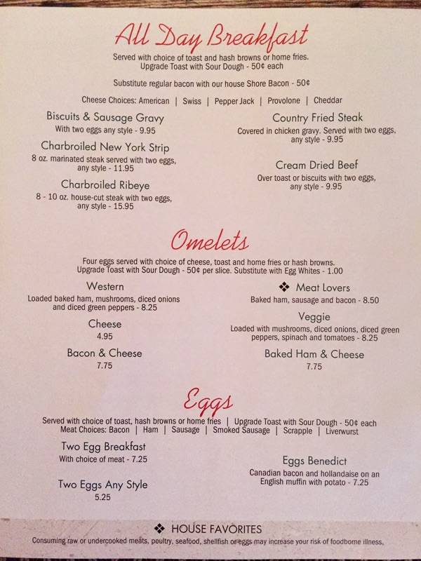 Menu at The Shore Diner restaurant, Jersey Shore