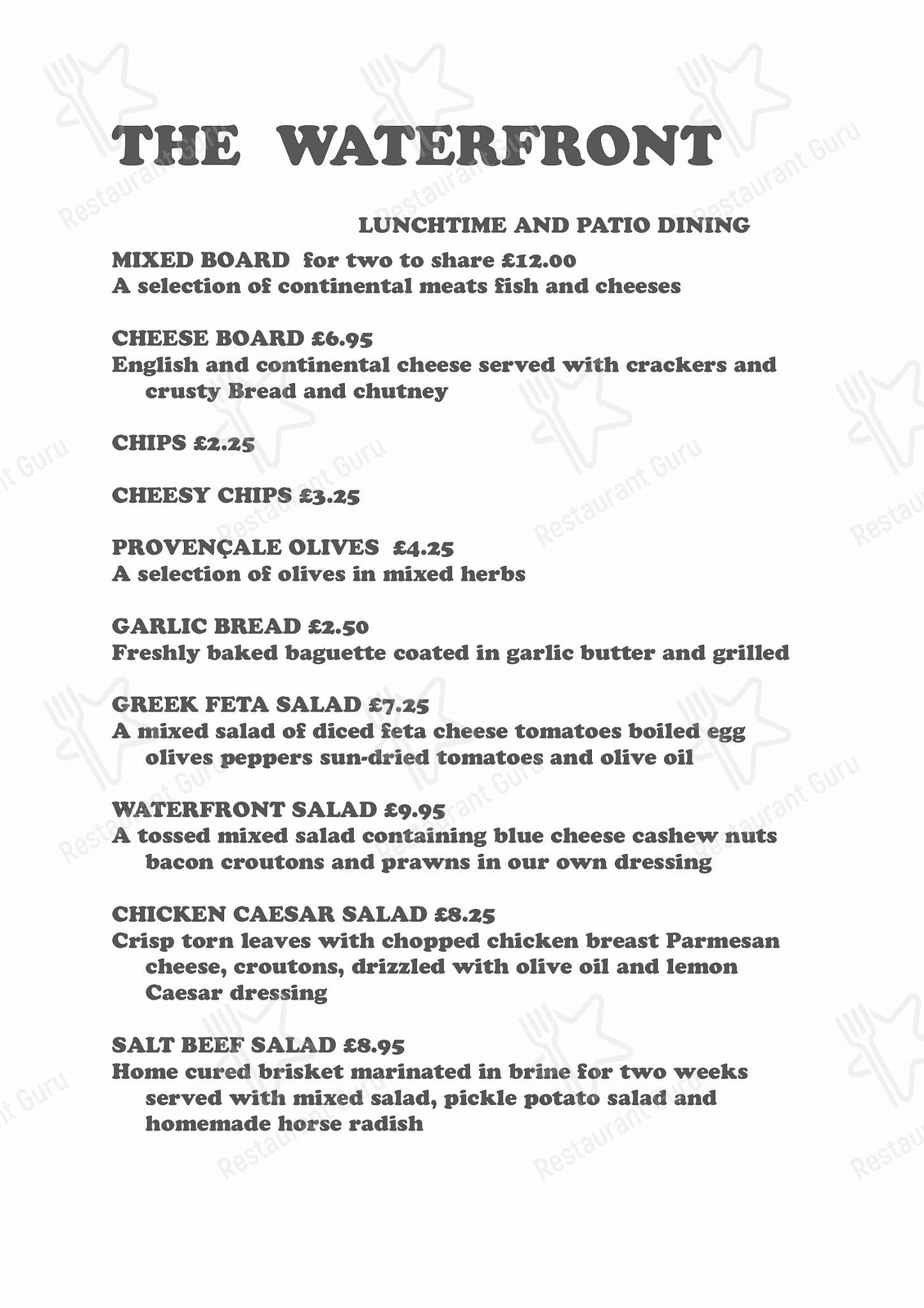 Menu at The Waterfront restaurant, Lowestoft