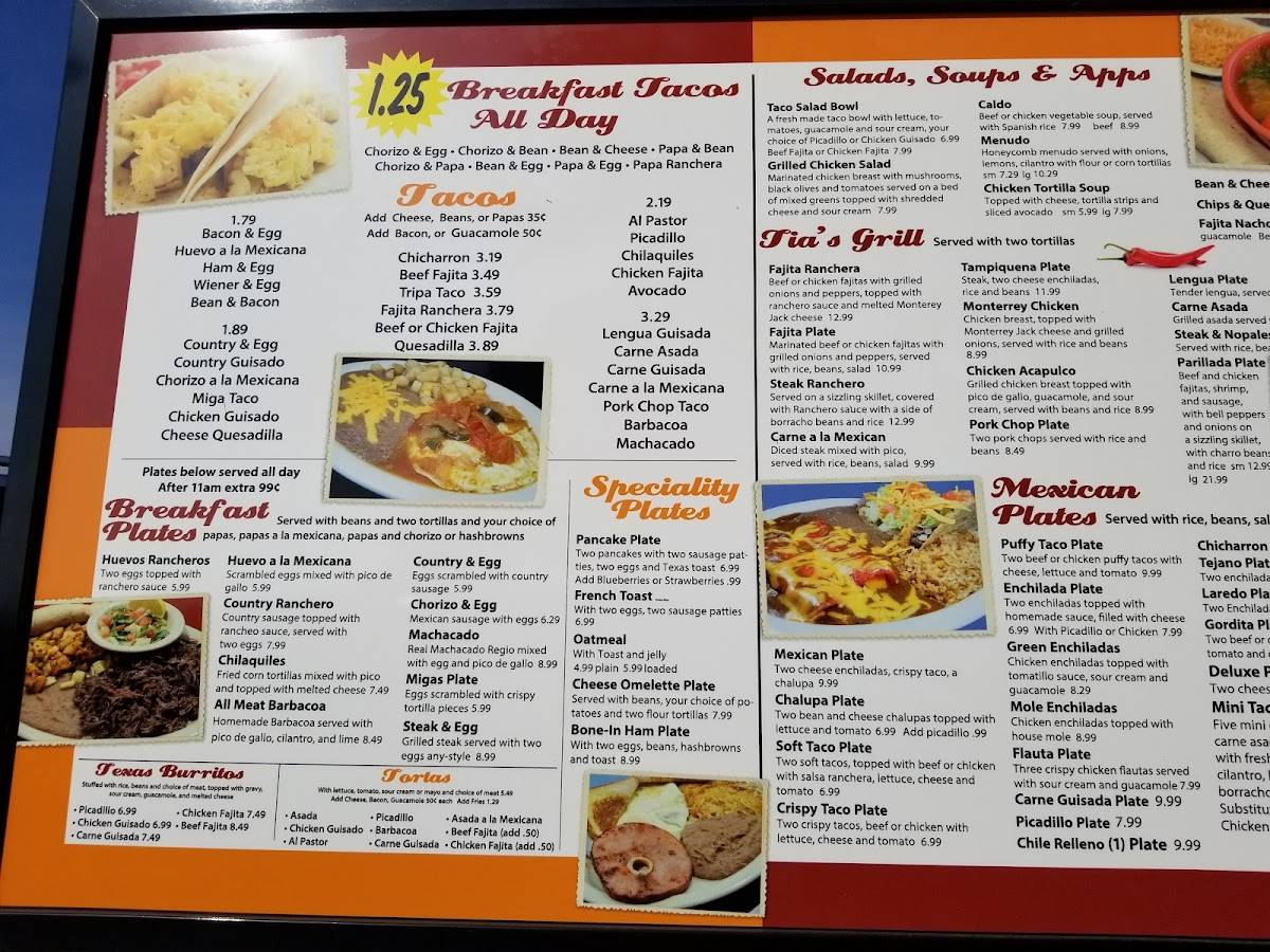Menu at Tia's Taco Hut restaurant, New Braunfels