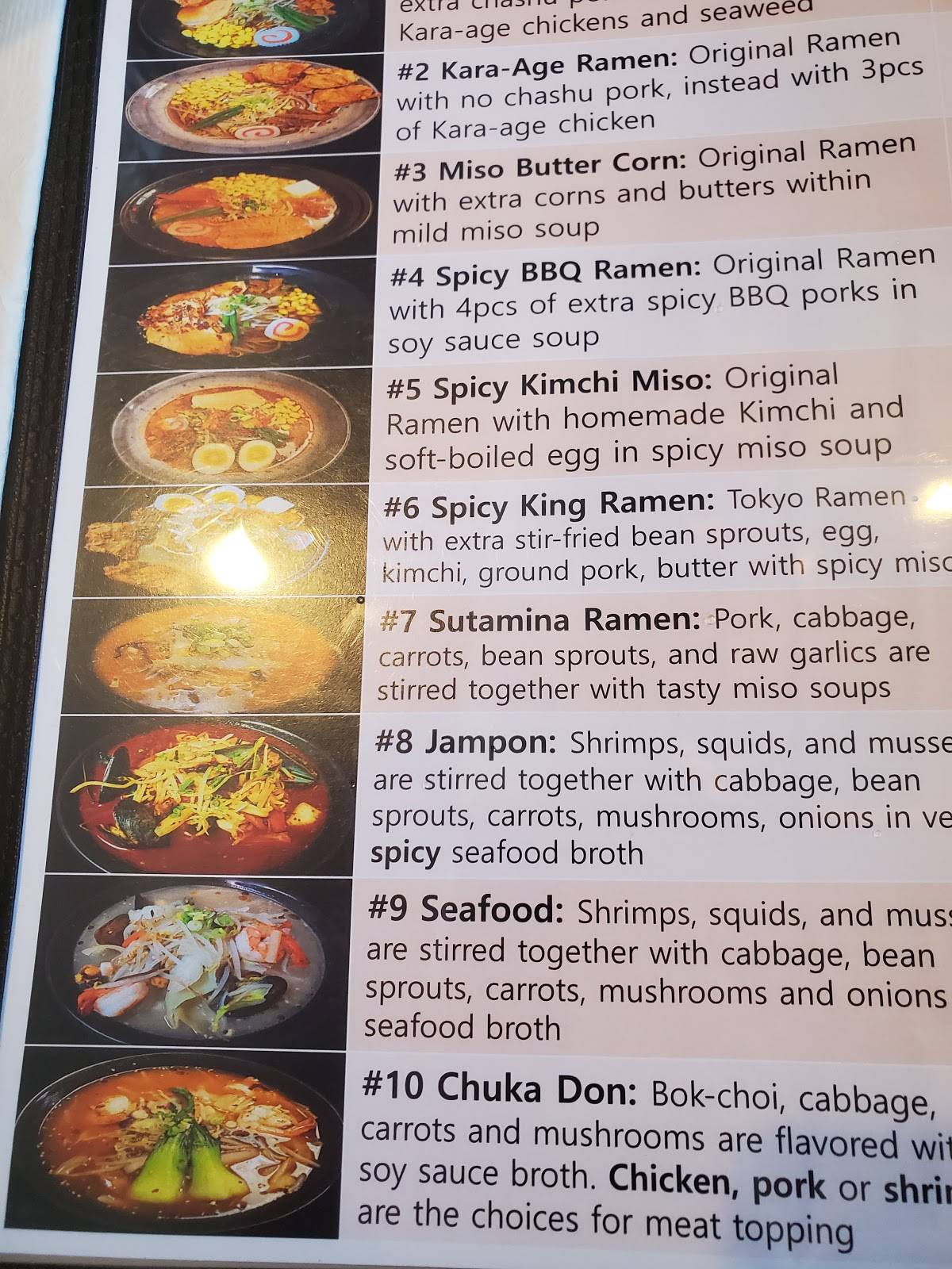 Menu at Tokyo Ramen restaurant, Fredericton