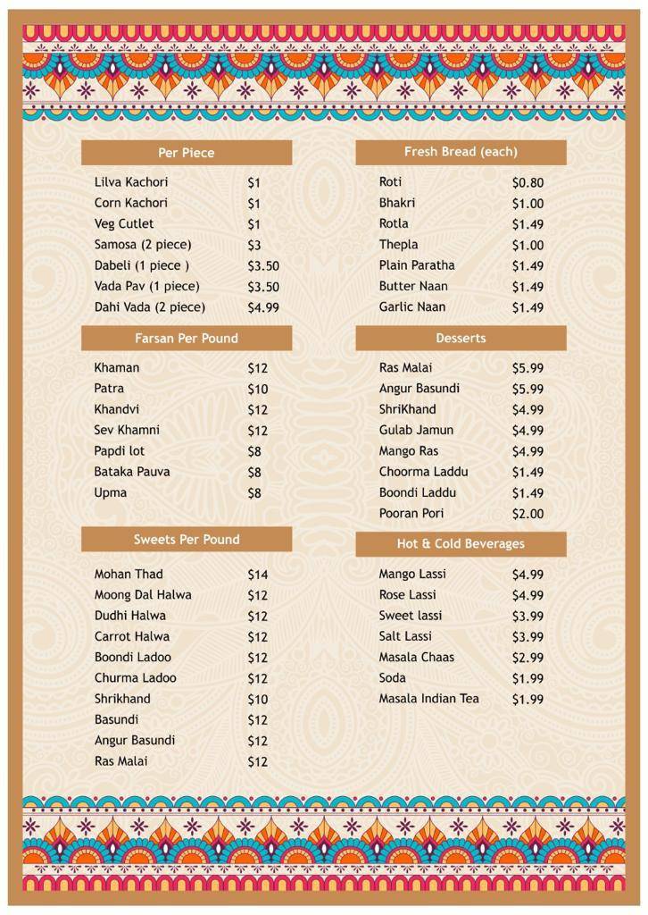 Menu at Vaishnav thali restaurant, Parsippany-Troy Hills