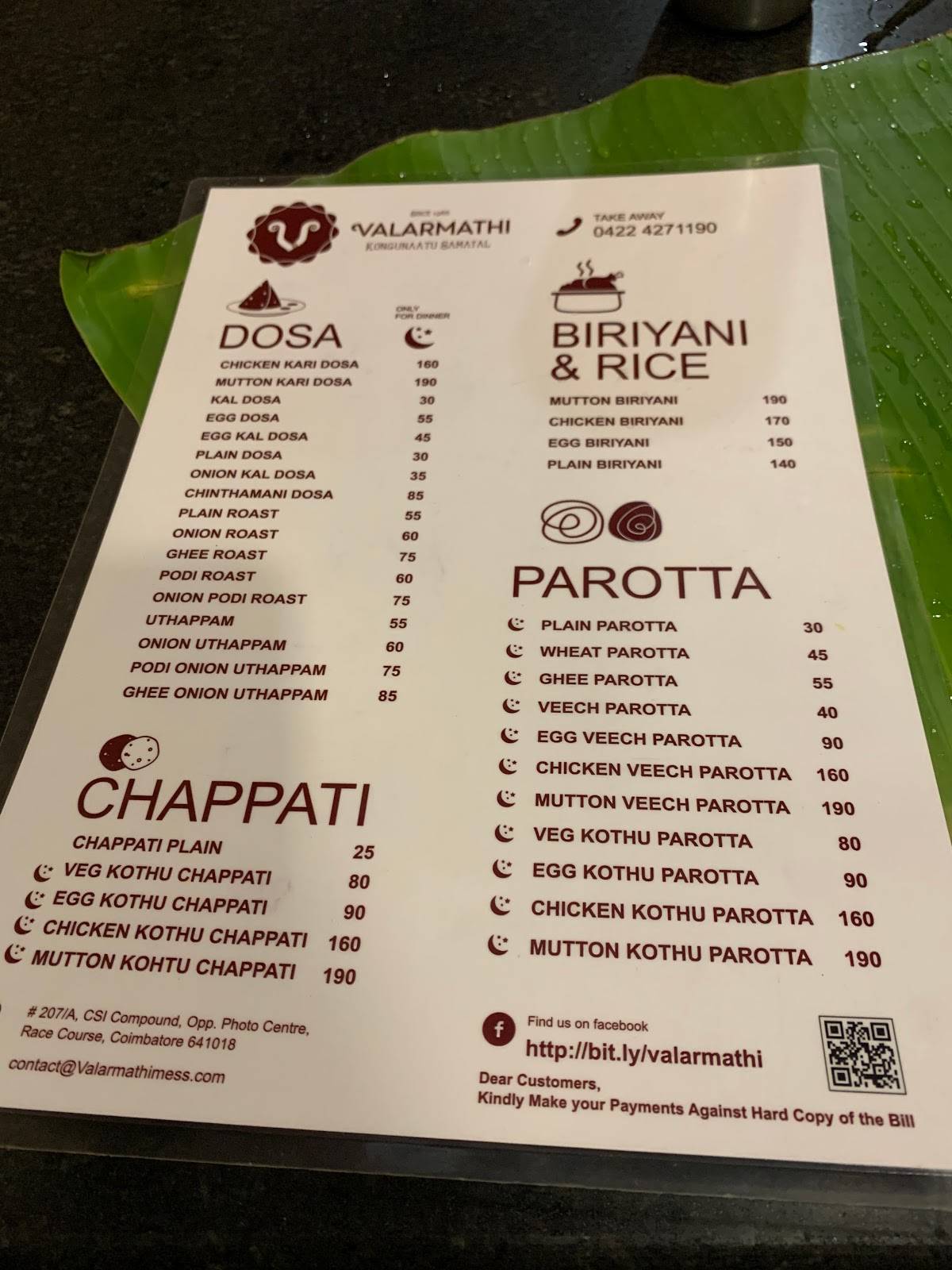 Menu at Valarmathi Mess, Coimbatore, CSI Compound