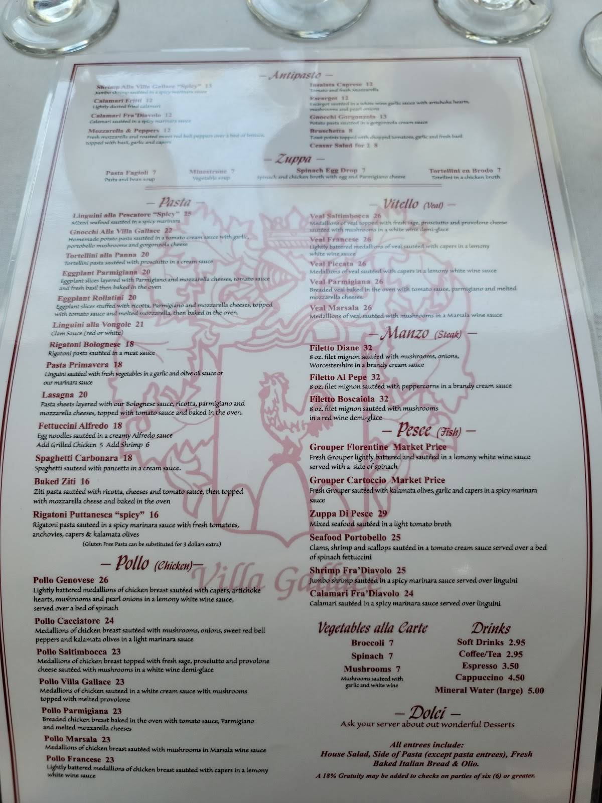 Menu at Villa Gallace restaurant, Indian Rocks Beach