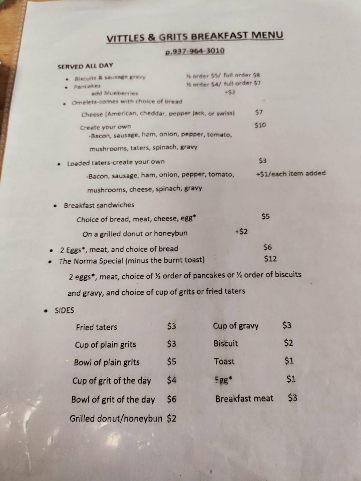 Menu at Vittles & Grits restaurant, Springfield