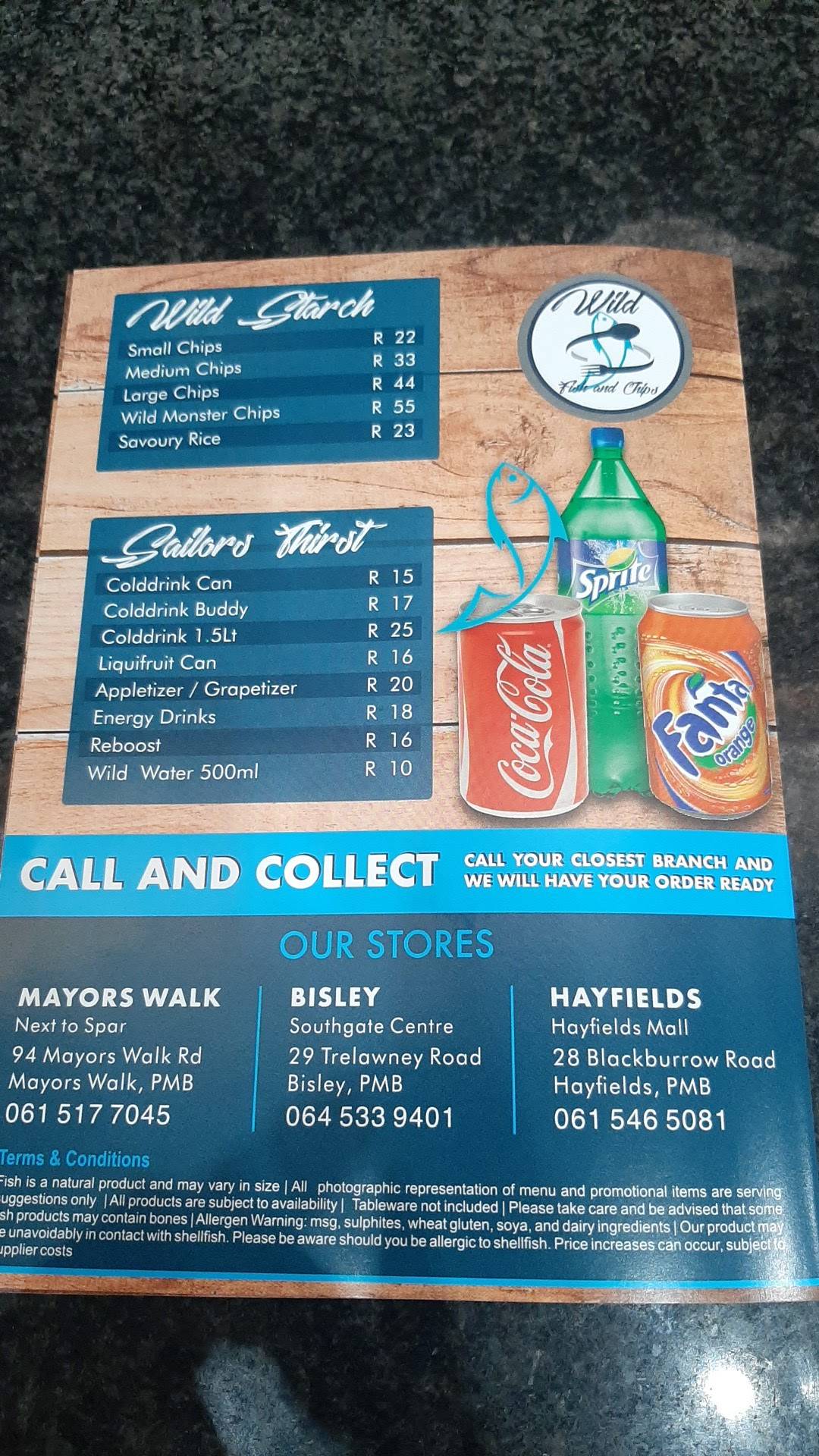 Menu at WILD FISH AND CHIPS HAYFIELDS restaurant, Pietermaritzburg