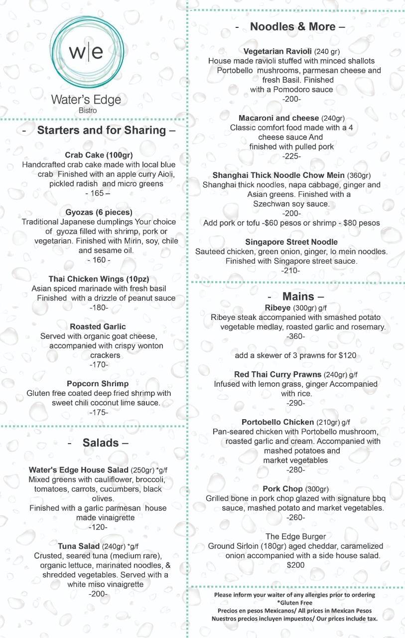 Menu at Water's Edge Bistro restaurant, Mazatlán