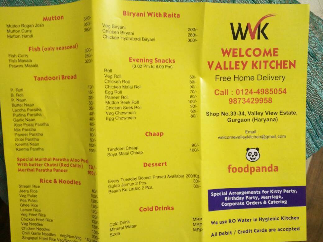 Menu at Welcome Valley Kitchen, Gurugram, Shop No. 33 & 34