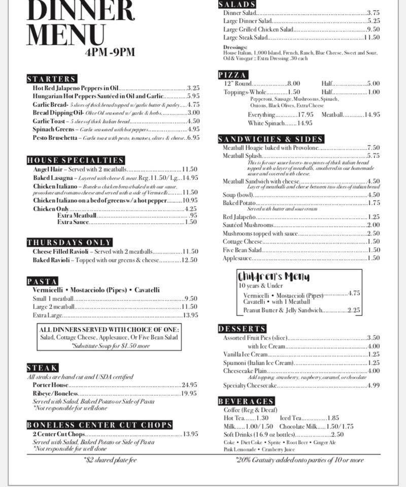 Menu at White Rose Spaghetti House pizzeria, Masury