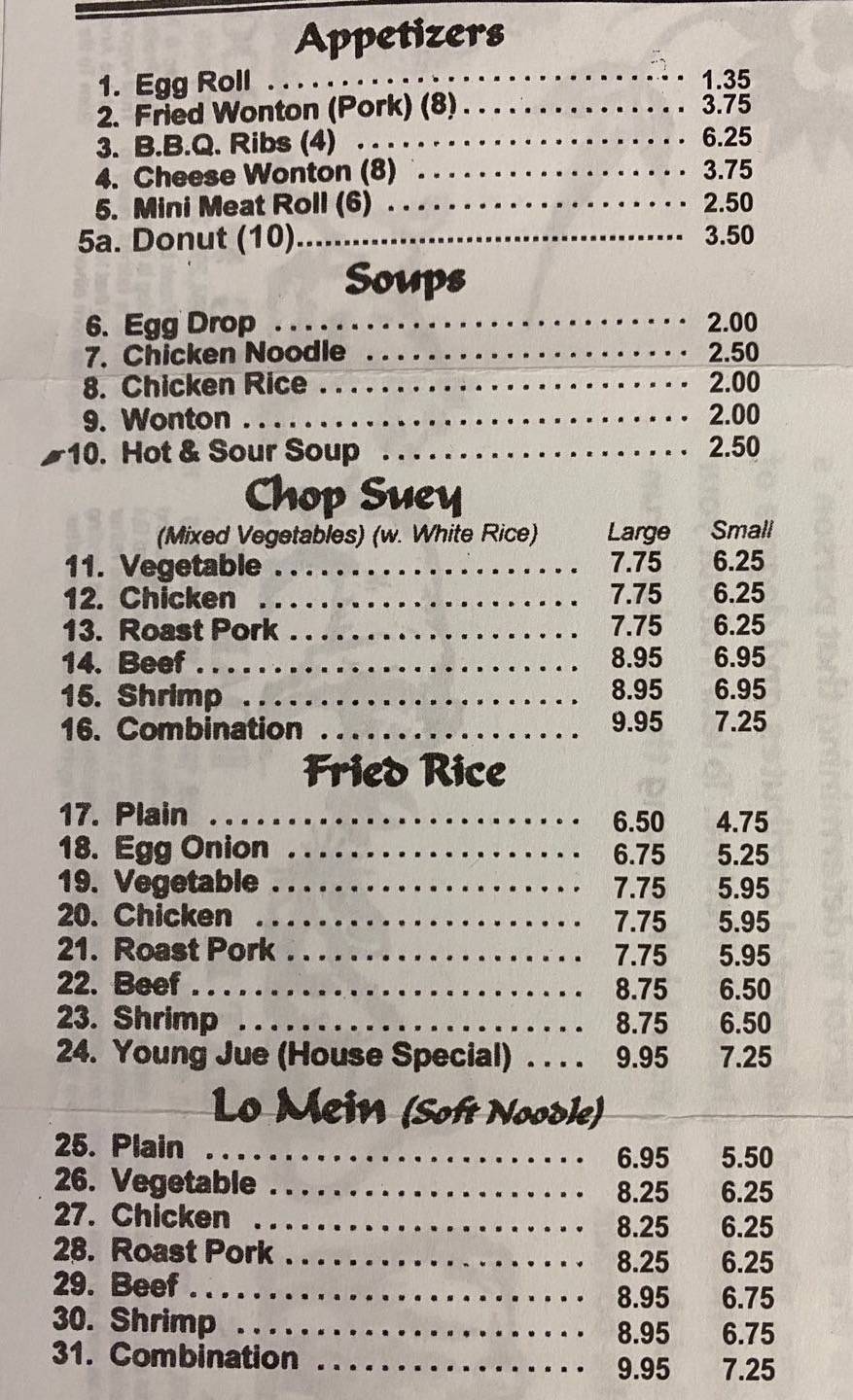 Menu at Won-Ton restaurant, Hinesville