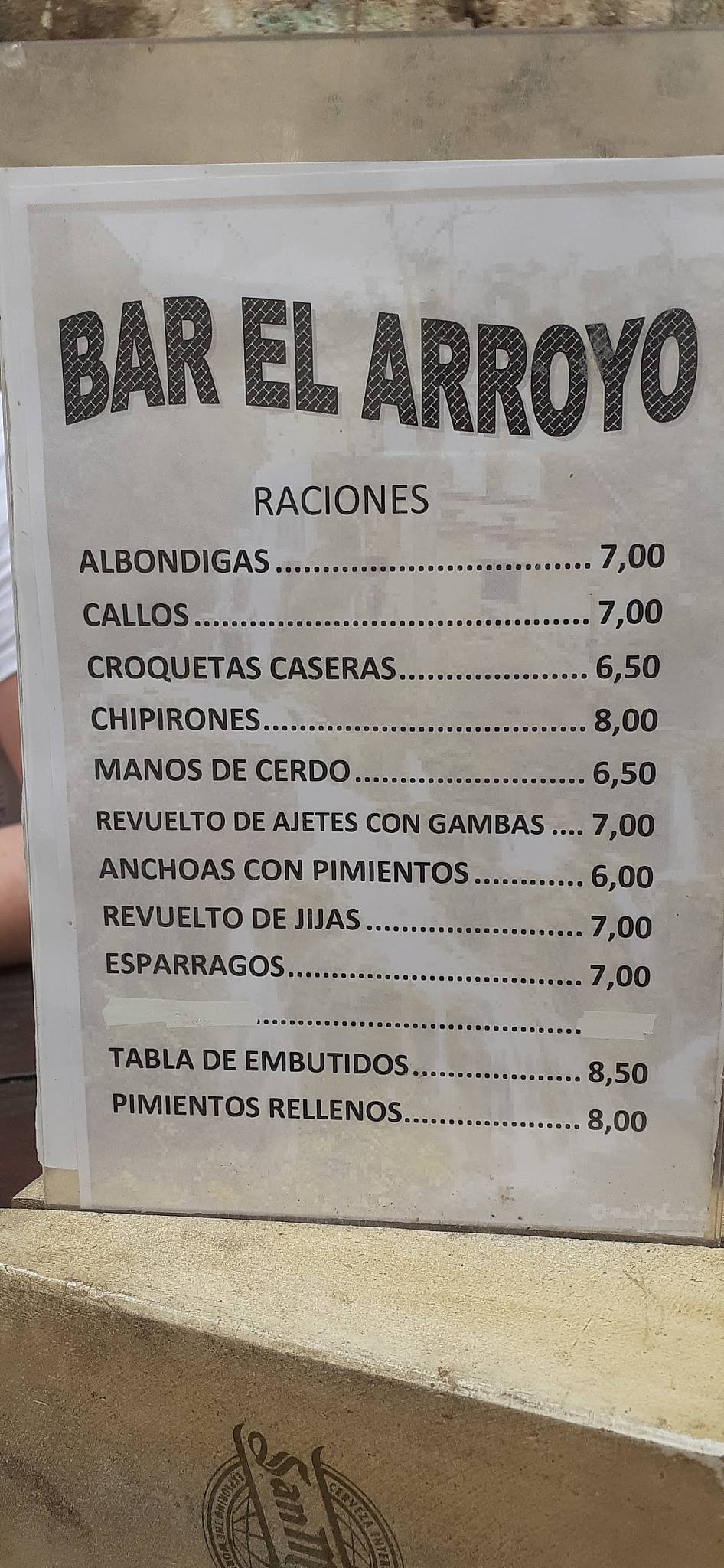 Carta de Restaurante El Arroyo, Orbaneja del Castillo