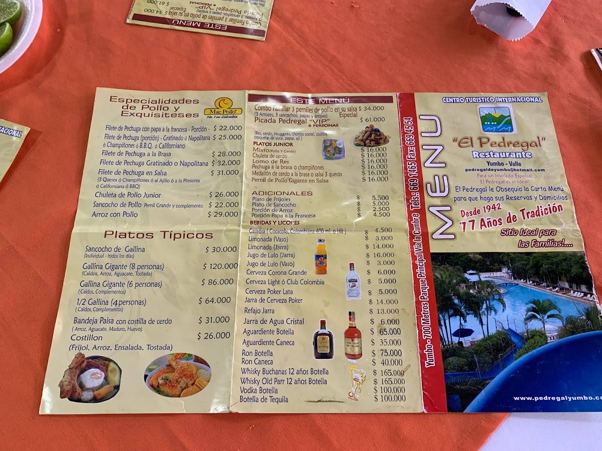 Carta de Restaurante El Pedregal, Yumbo
