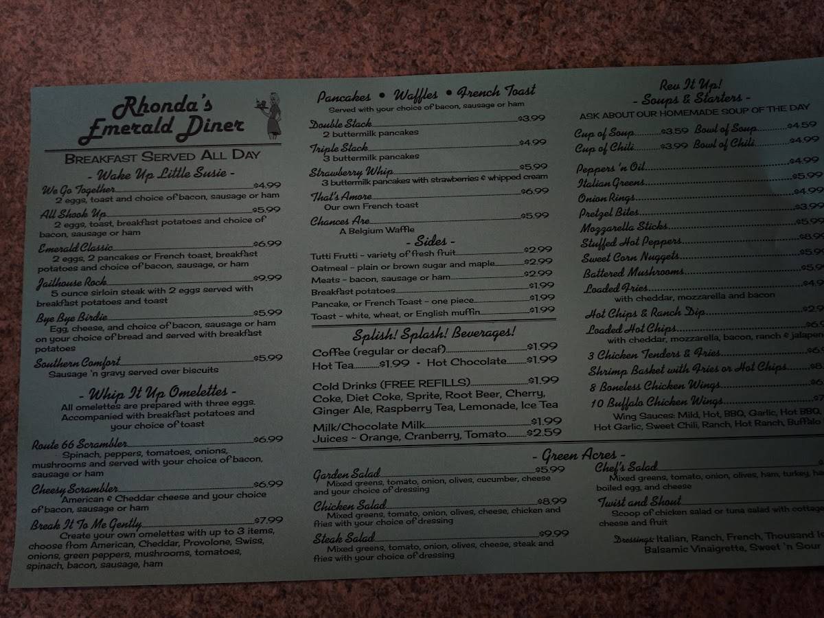 Menu at Rhonda's Emerald Diner restaurant, Hubbard, 825 N Main St