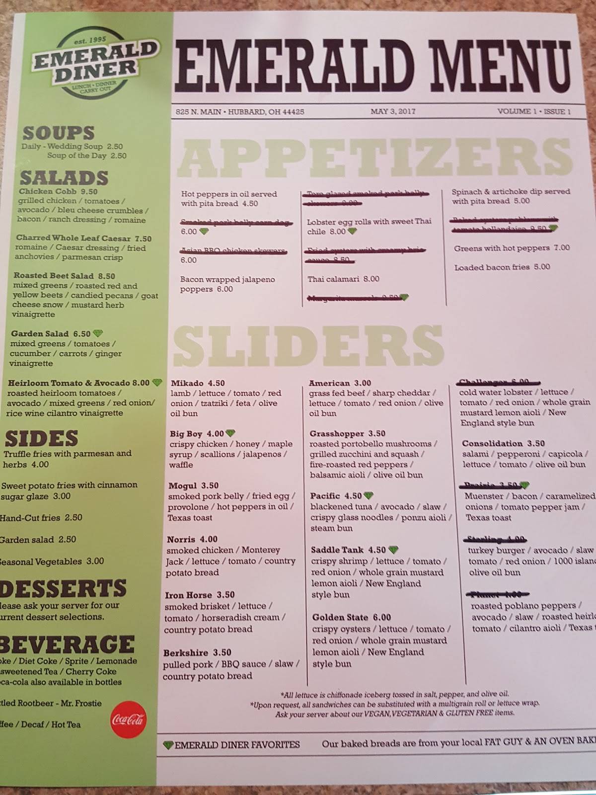 Menu at Rhonda's Emerald Diner restaurant, Hubbard, 825 N Main St
