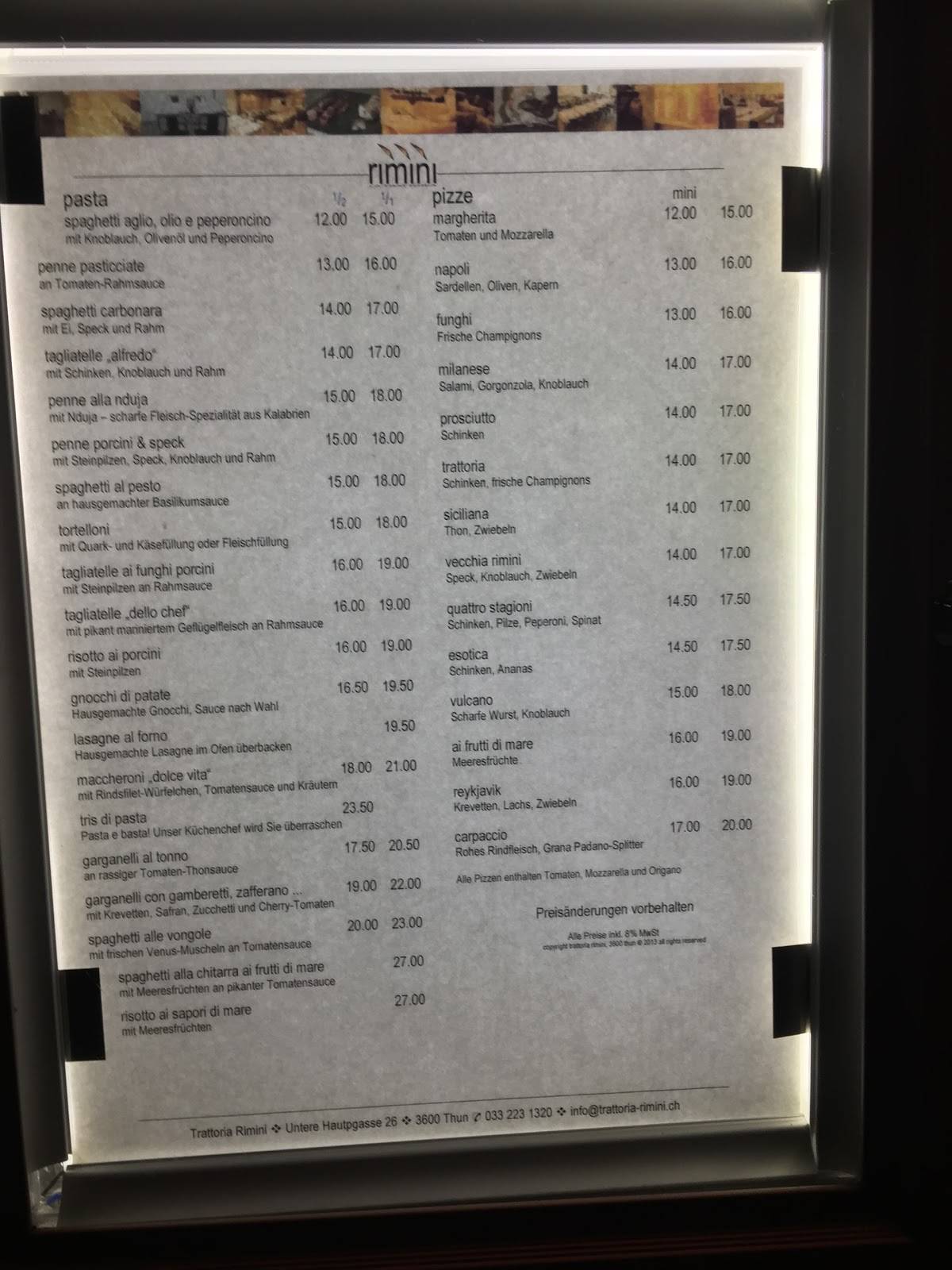 Speisekarte von Rimini Bar, Zürich