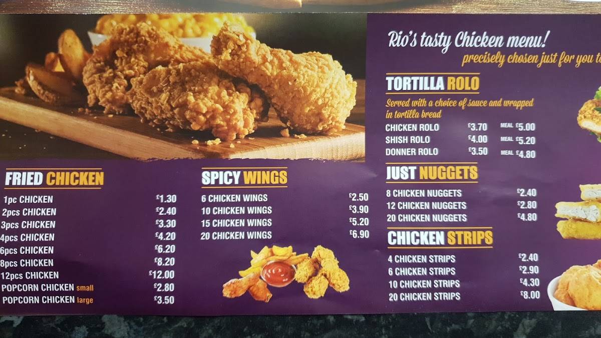 Menu at Rio's Chicken Hut restaurant, Preston