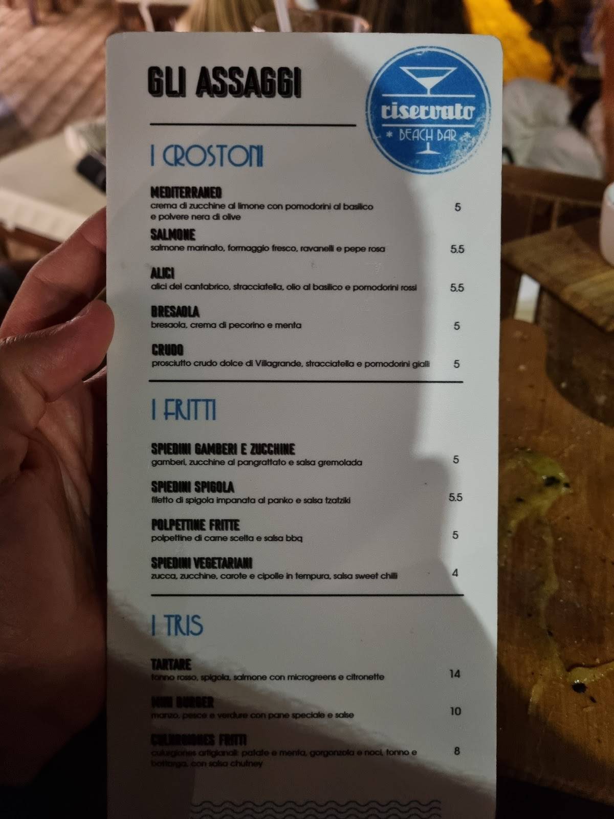 Menu da Riservato Beach Bar, Alghero