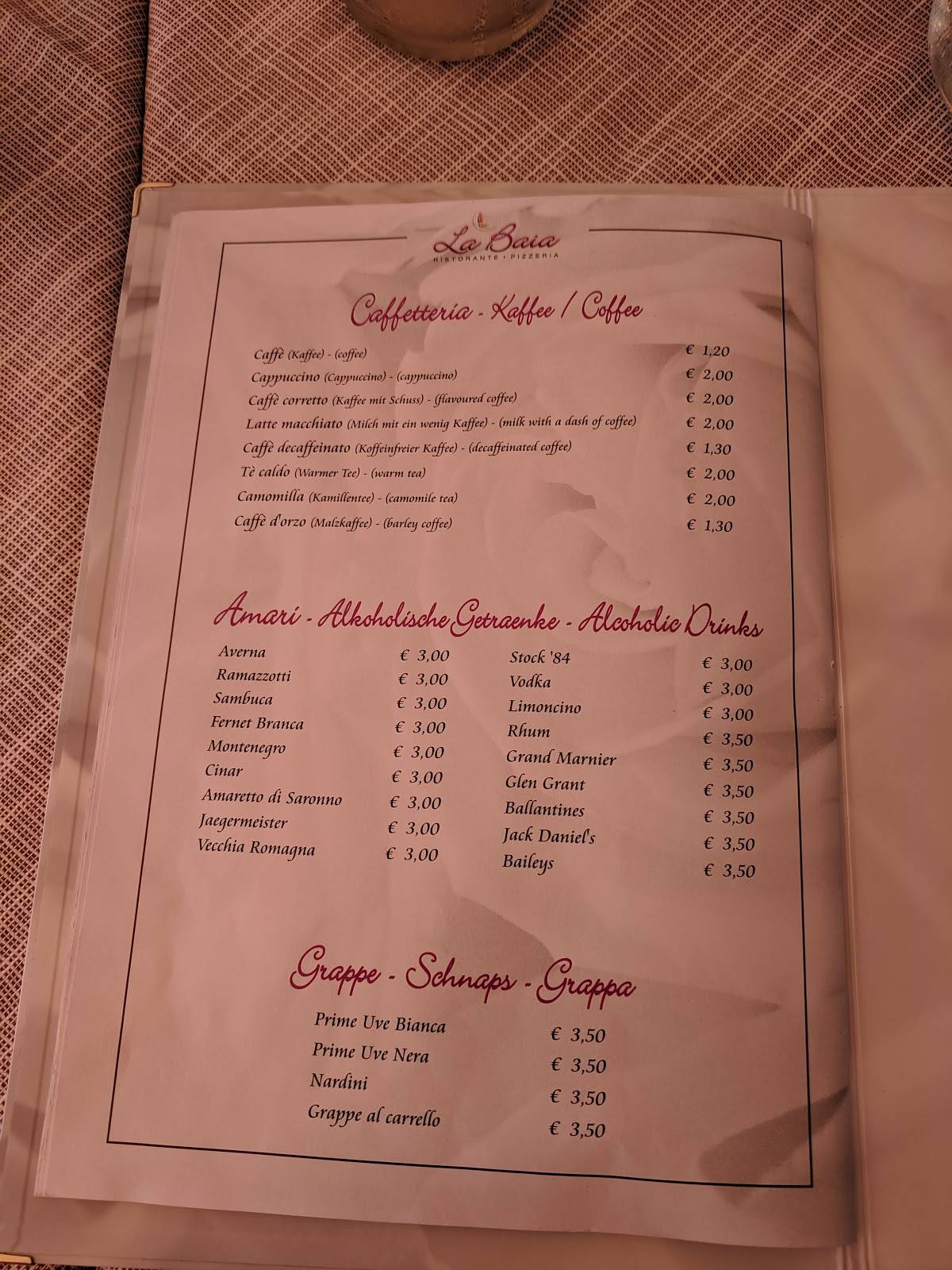 Speisekarte von Ristorante La Baia, Duna Verde