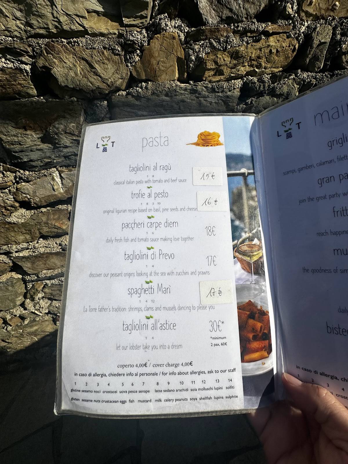 Menu at Ristorante La Torre, Vernazza