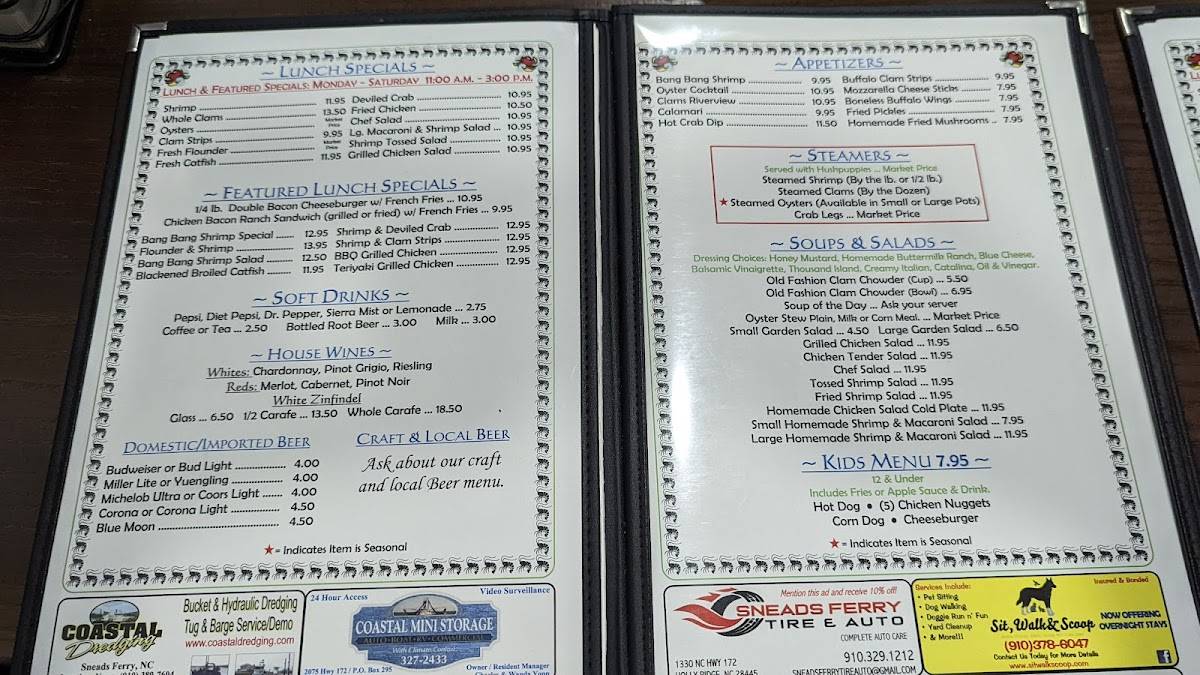 Menu at Riverview Cafe, Sneads Ferry
