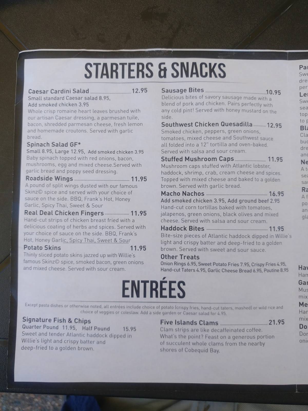 Menu at Roadside Willies Smokehouse & Bar, Truro