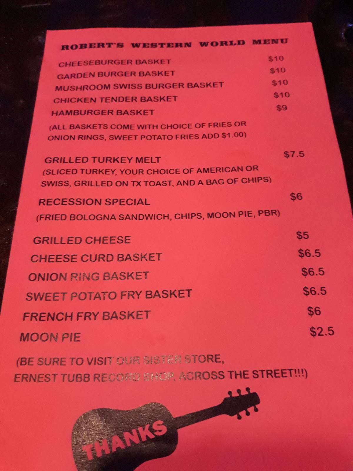 Menu at Robert's Western World pub & bar, Nashville