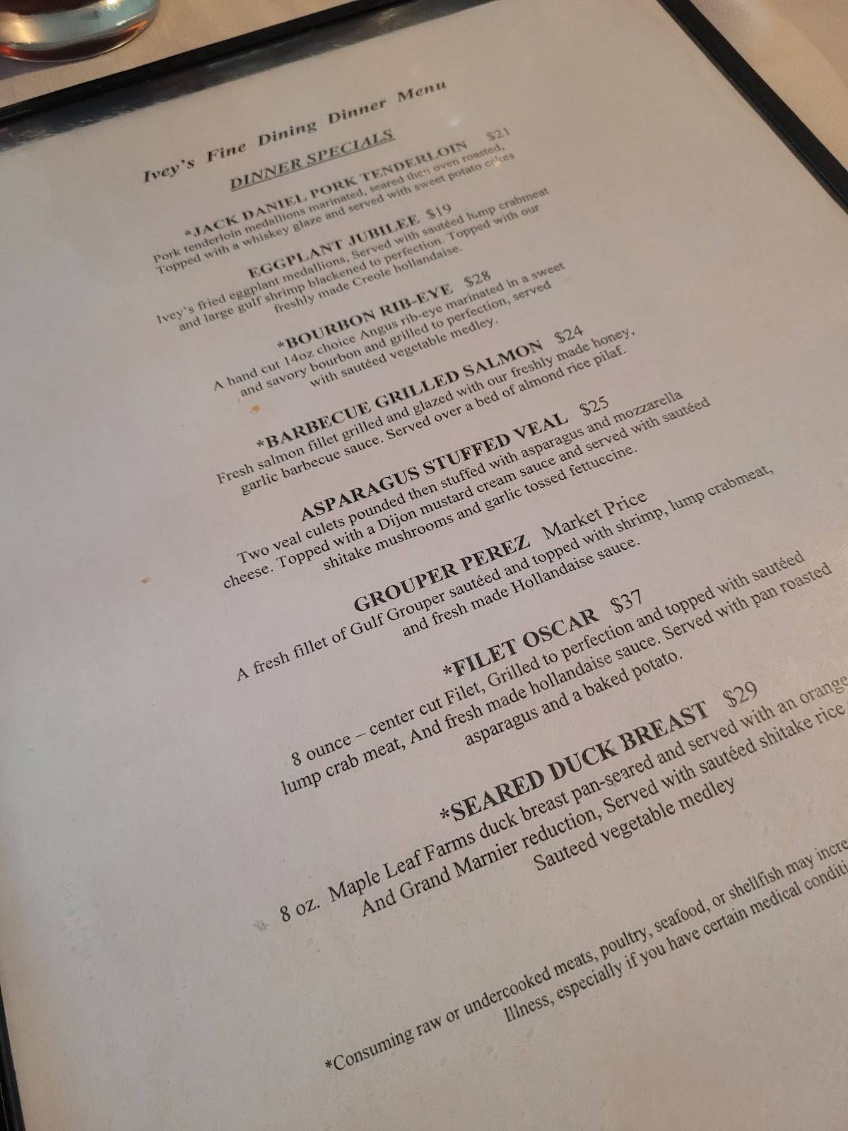 Menu at Ivey's steakhouse, Robertsdale