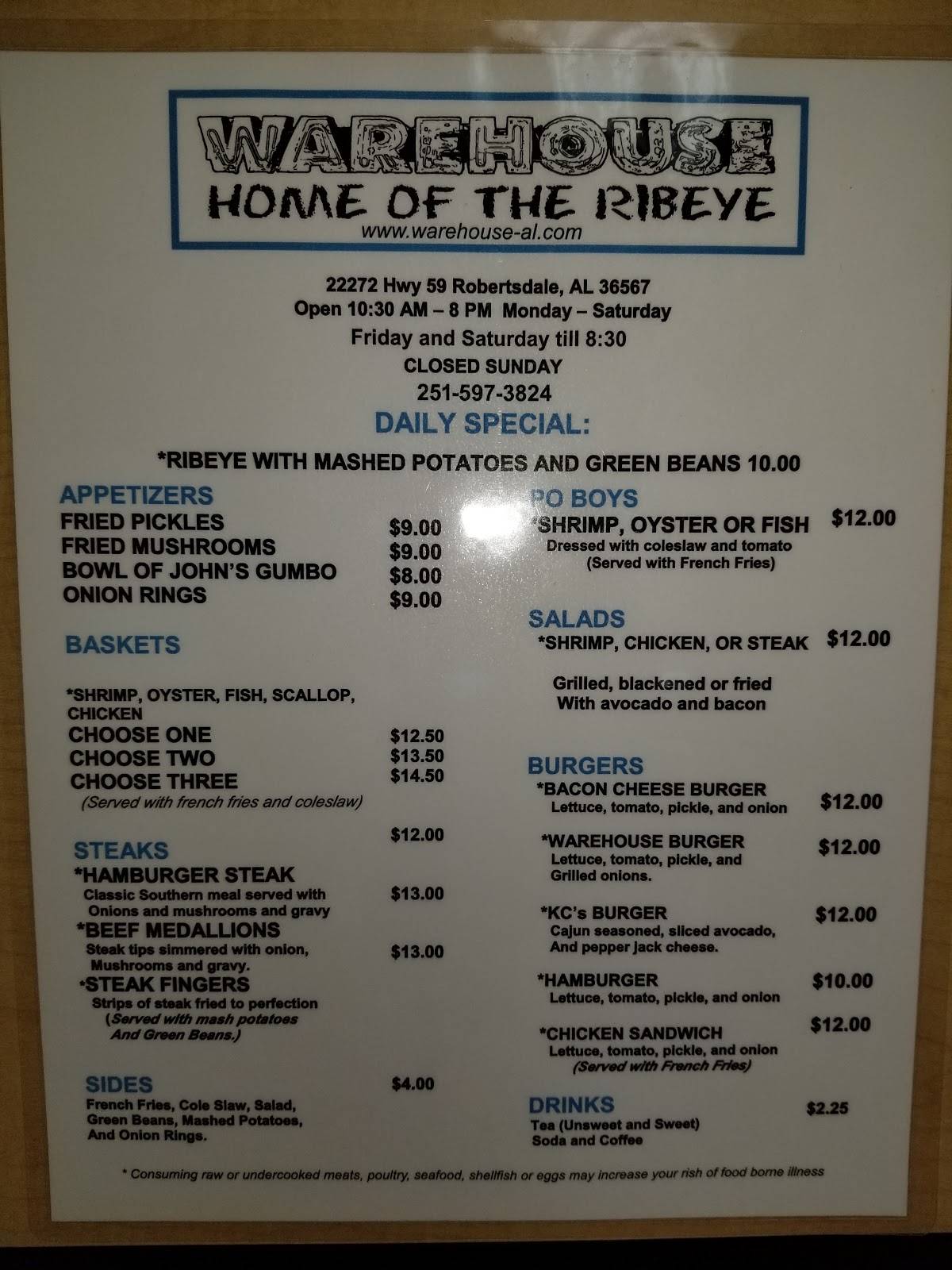 Menu at Warehouse Restaurant, Robertsdale, AL-59