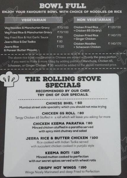 Menu at The Rolling Stove, Hyderabad, 1-120/3