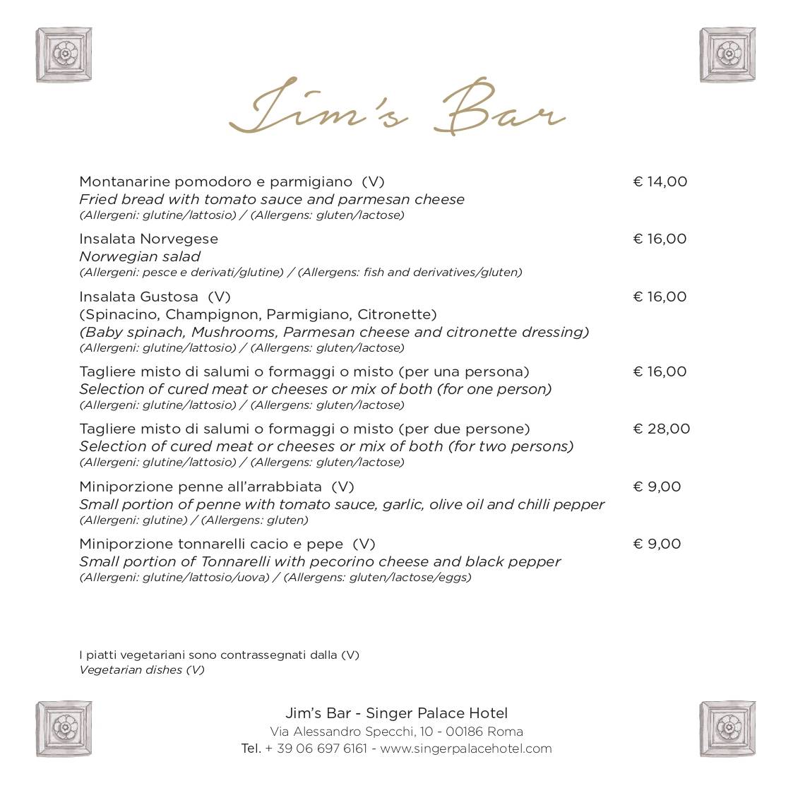 Carta de Rooftop Jim's Bar, Roma