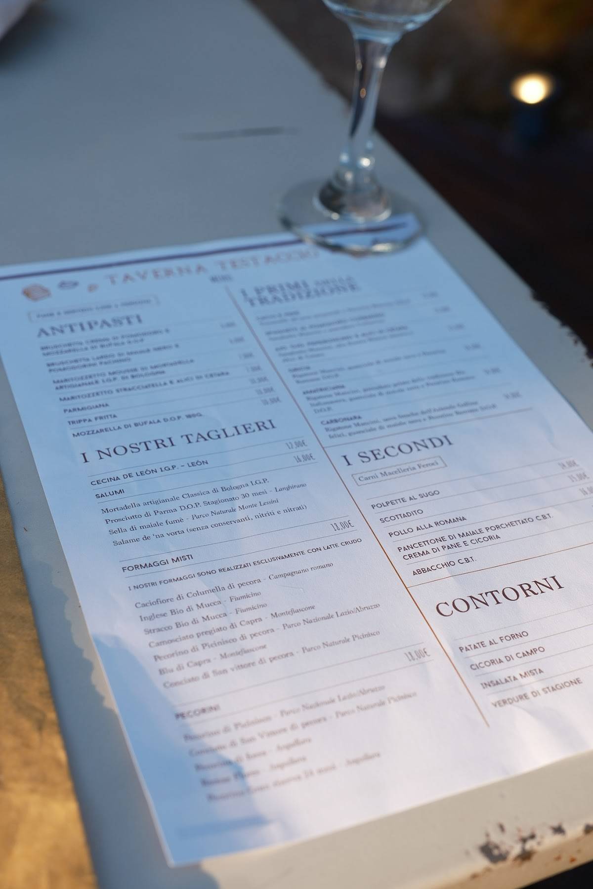 Menu at Taverna Testaccio restaurant, Rome