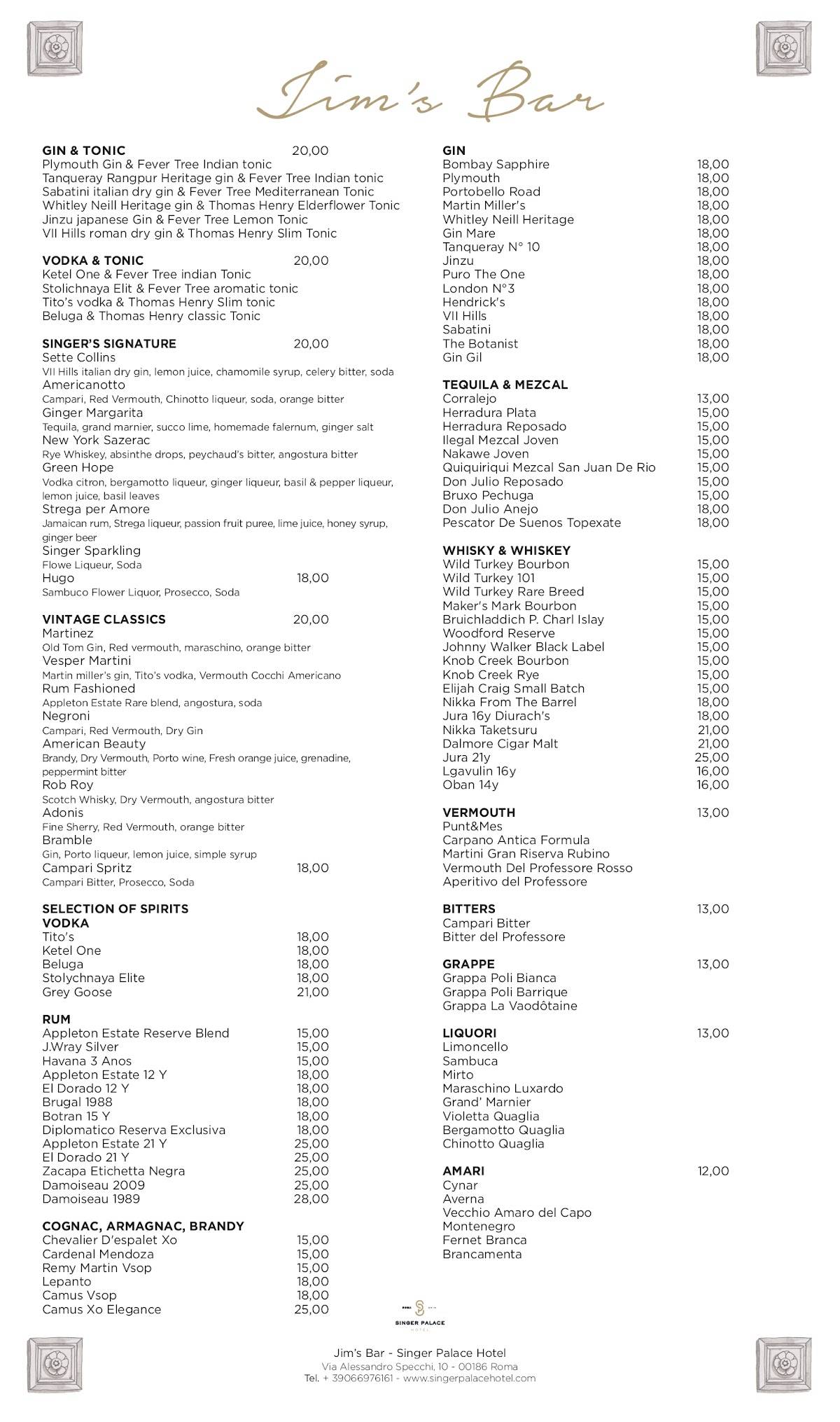Menu da Rooftop Jim's Bar, Roma