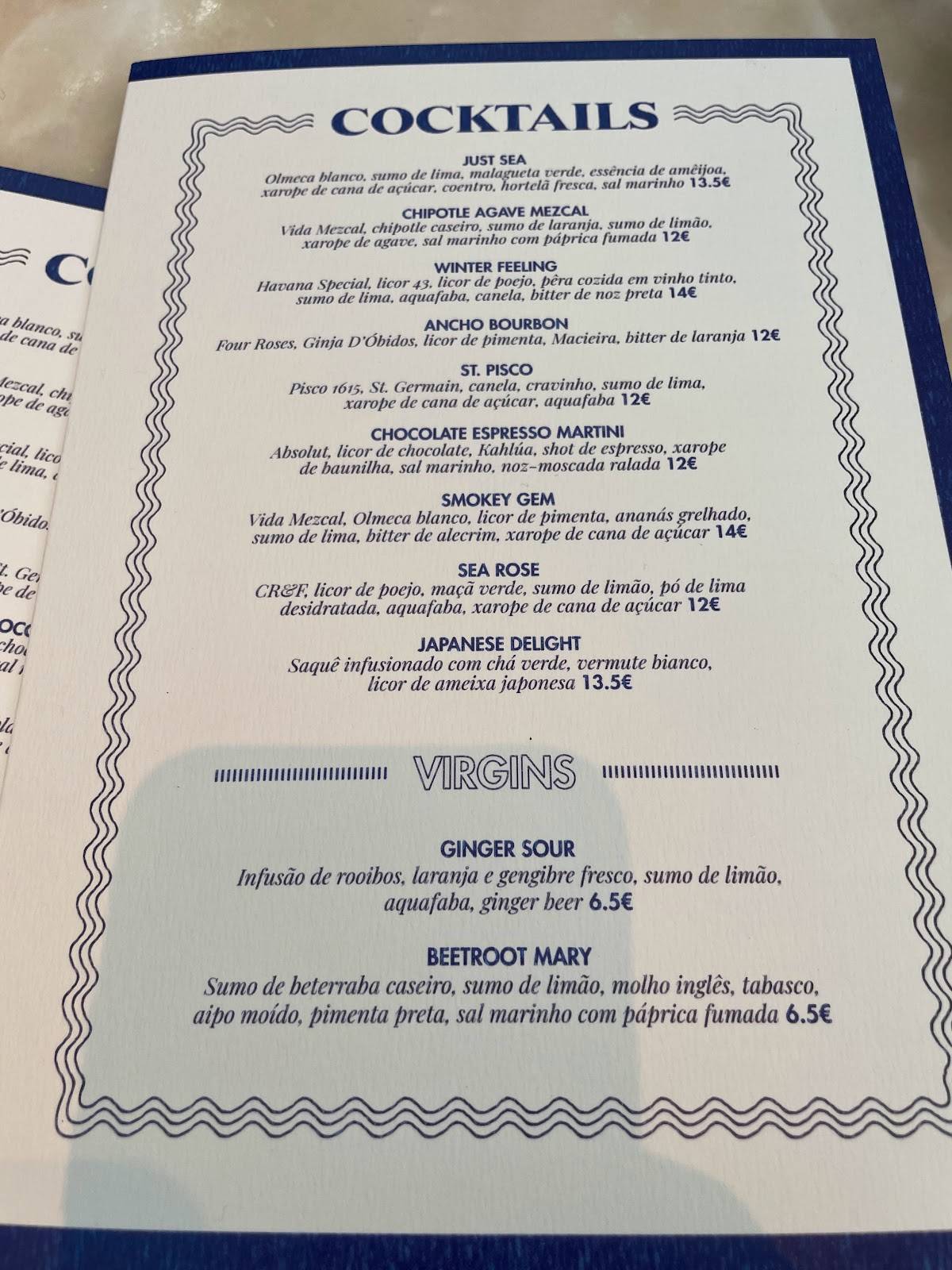 Menu at Rosamar restaurant, Lisbon