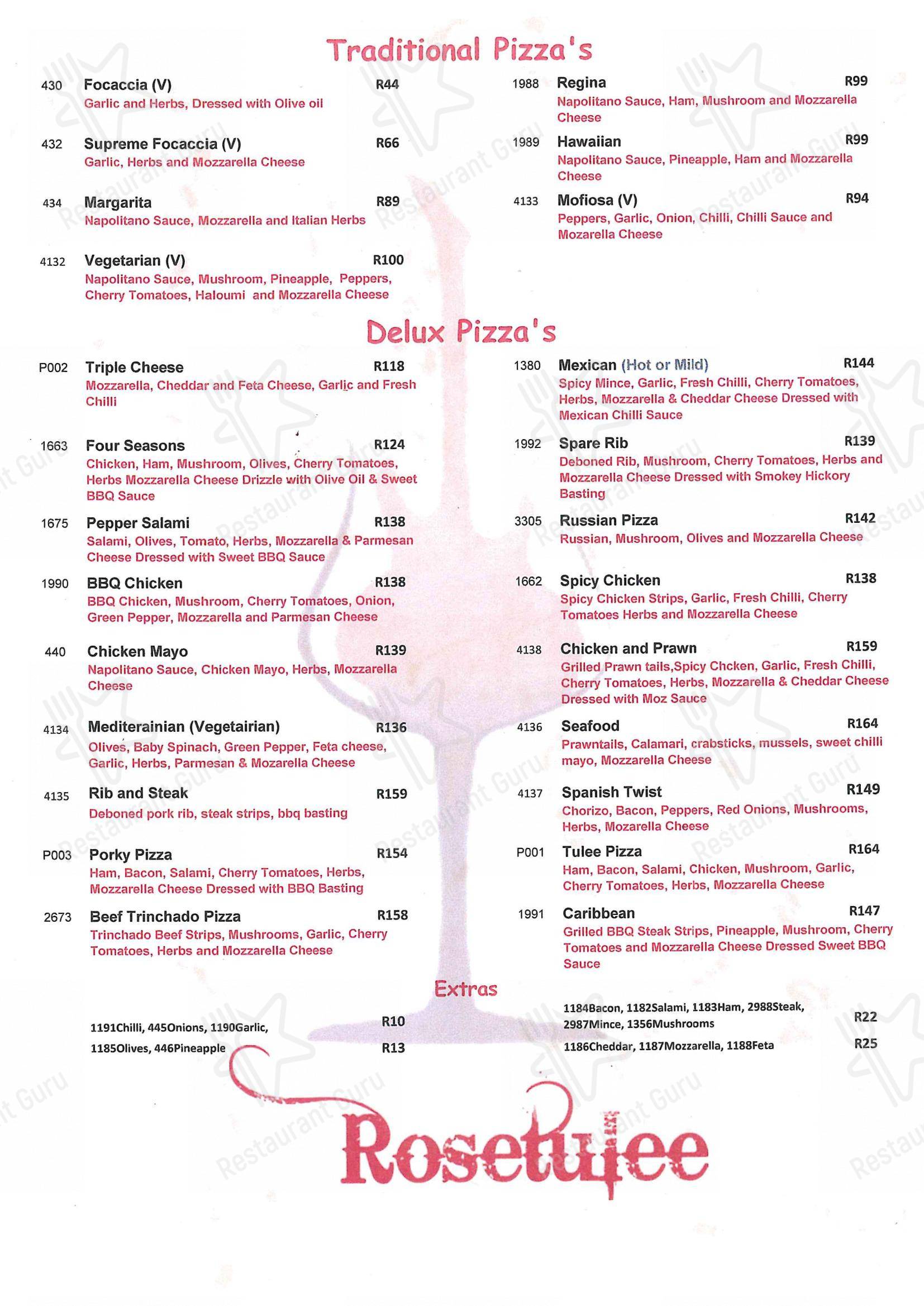 Menu at Rose Tulee pub & bar, Brakpan