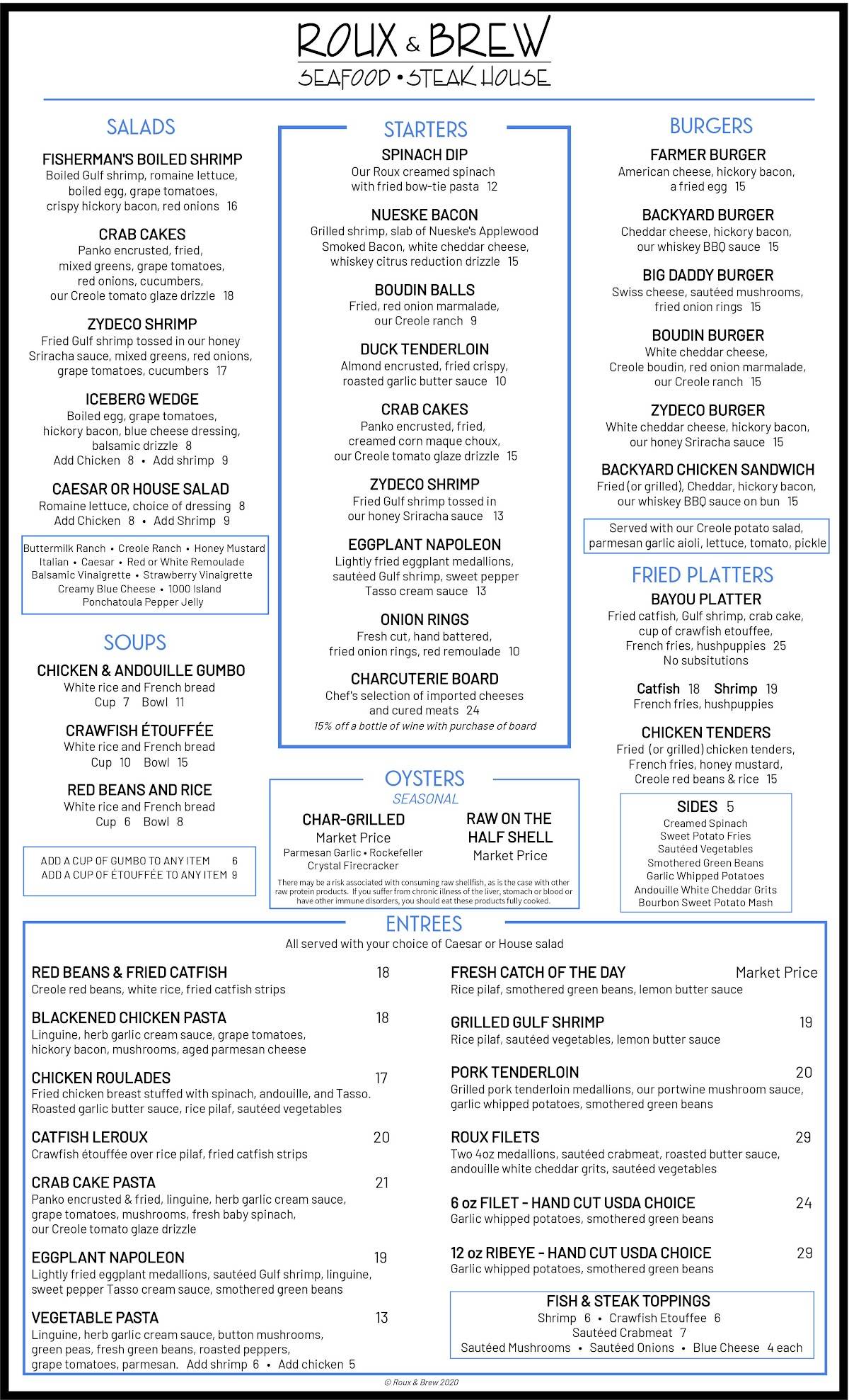 Menu at Roux & Brew Seafood and Steak House pub & bar, Ponchatoula