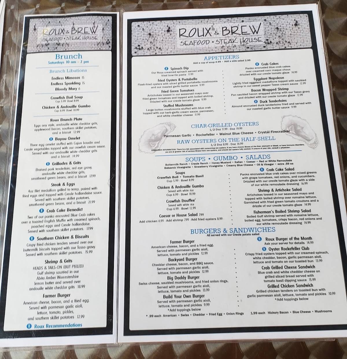 Menu at Roux & Brew Seafood and Steak House pub & bar, Ponchatoula