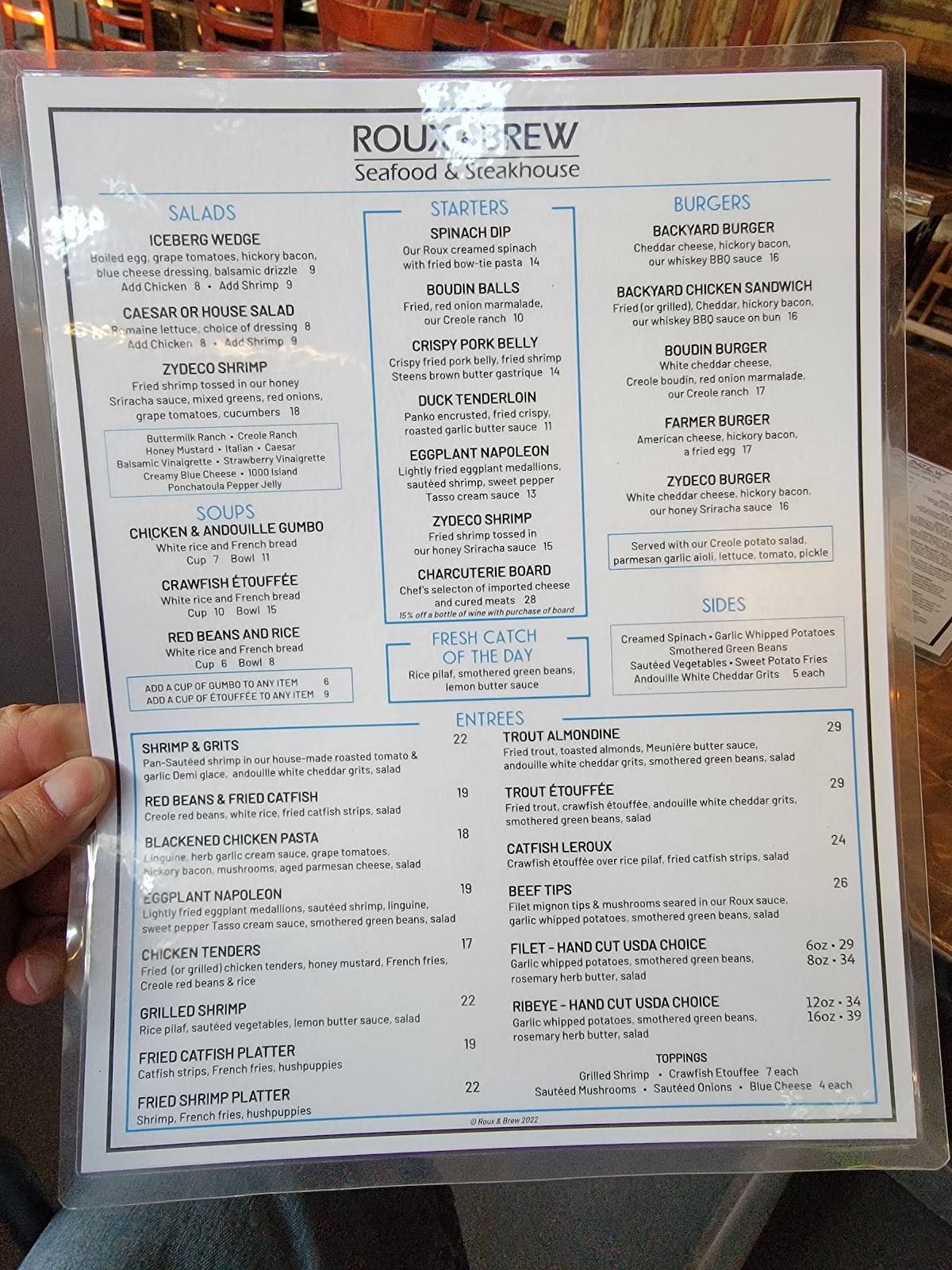 Menu at Roux & Brew Seafood and Steak House pub & bar, Ponchatoula