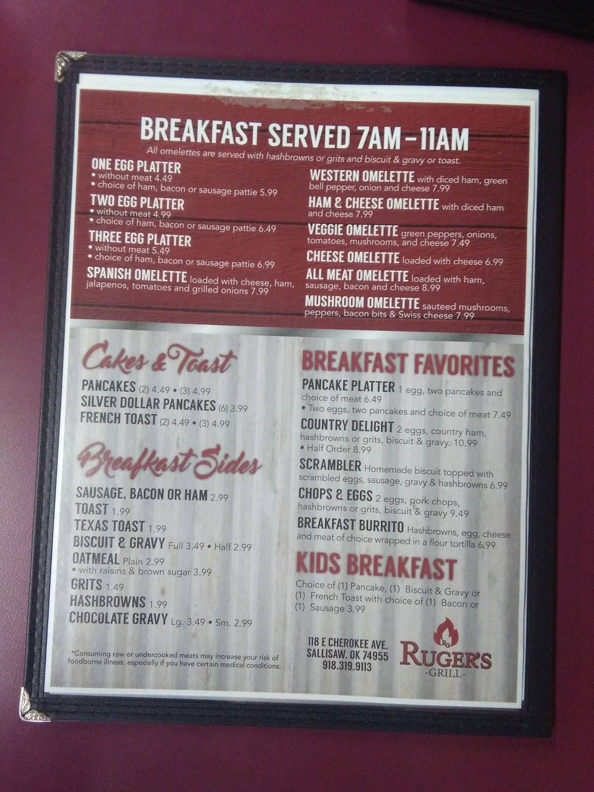 Menu at Ruger's Grill steakhouse, Sallisaw