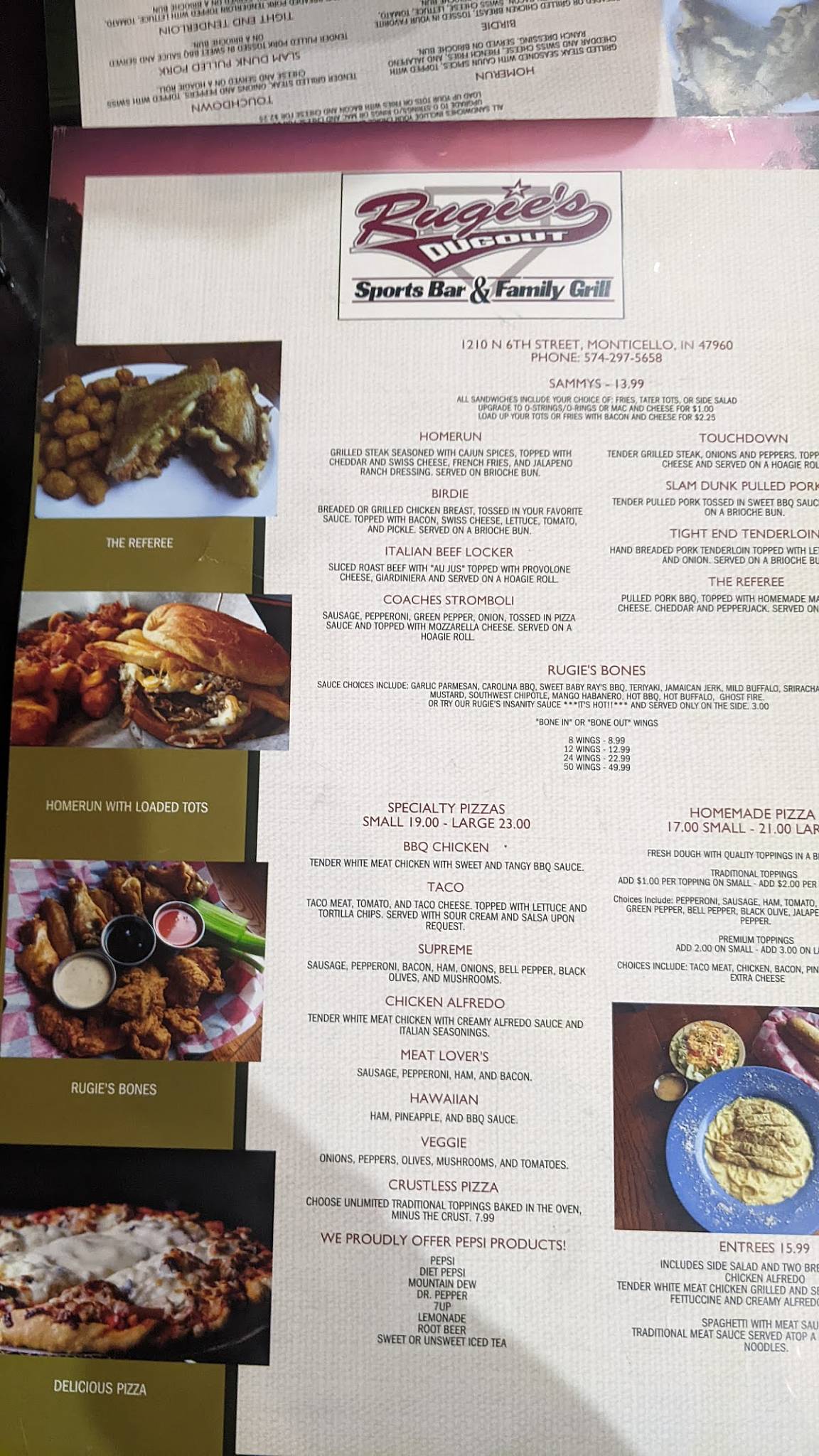 Menu at Rugies Dugout pub & bar, Monticello