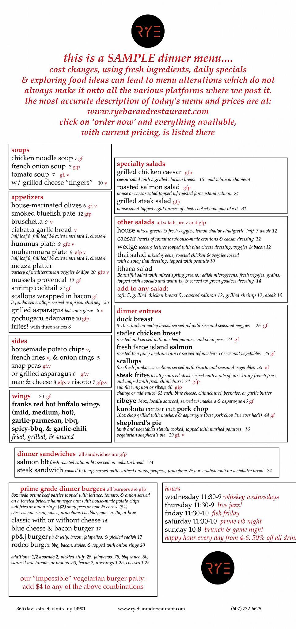 Menu at Rye pub & bar, Elmira