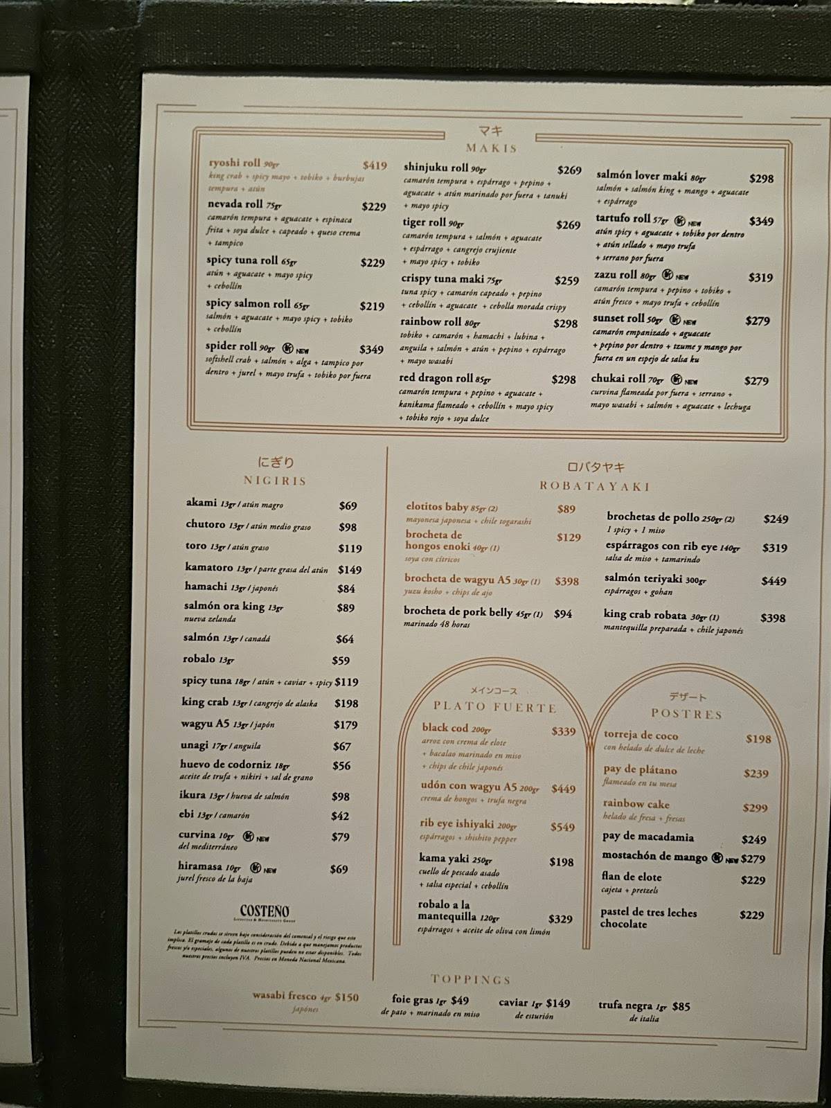 Carta del restaurante Ryoshi Monterrey, Monterrey