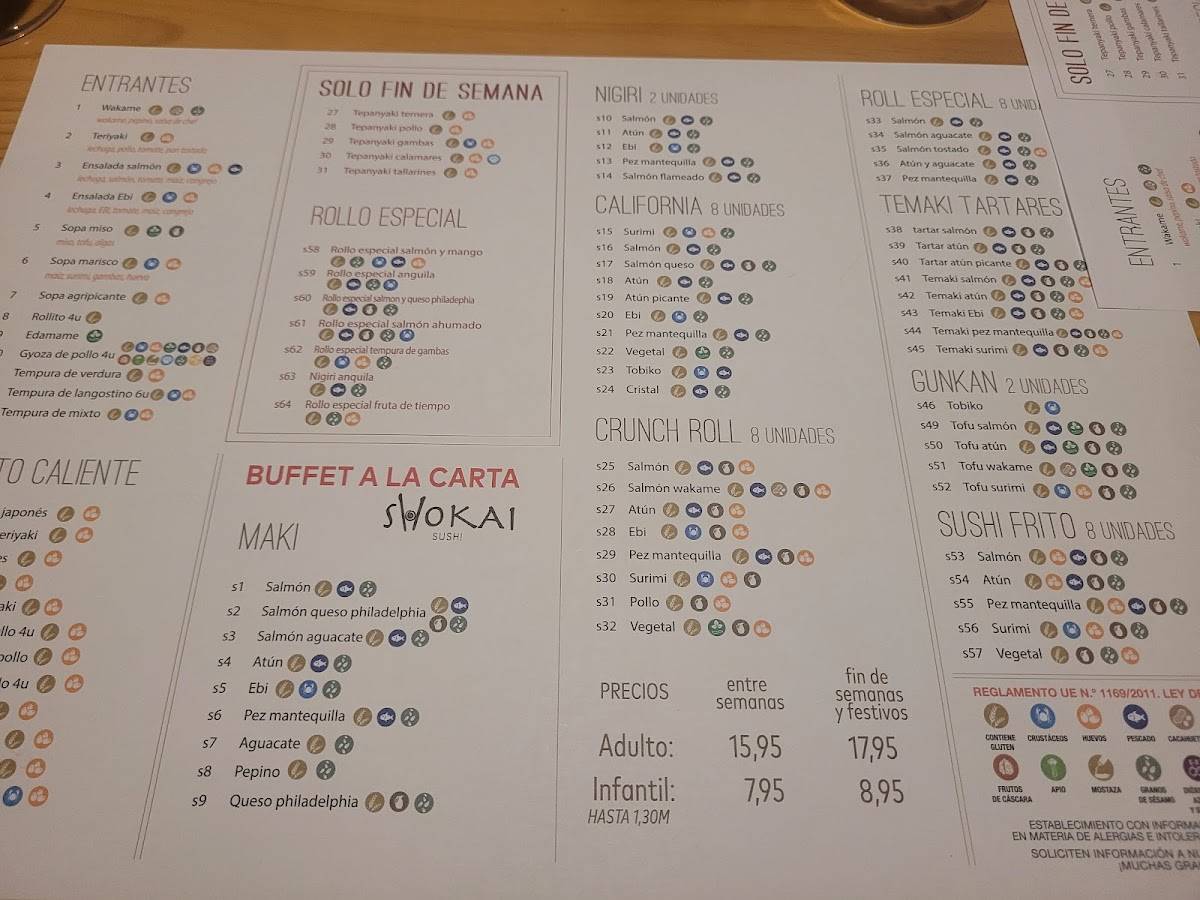 Carta de SHOKAI sushi bar, Castellón de la Plana