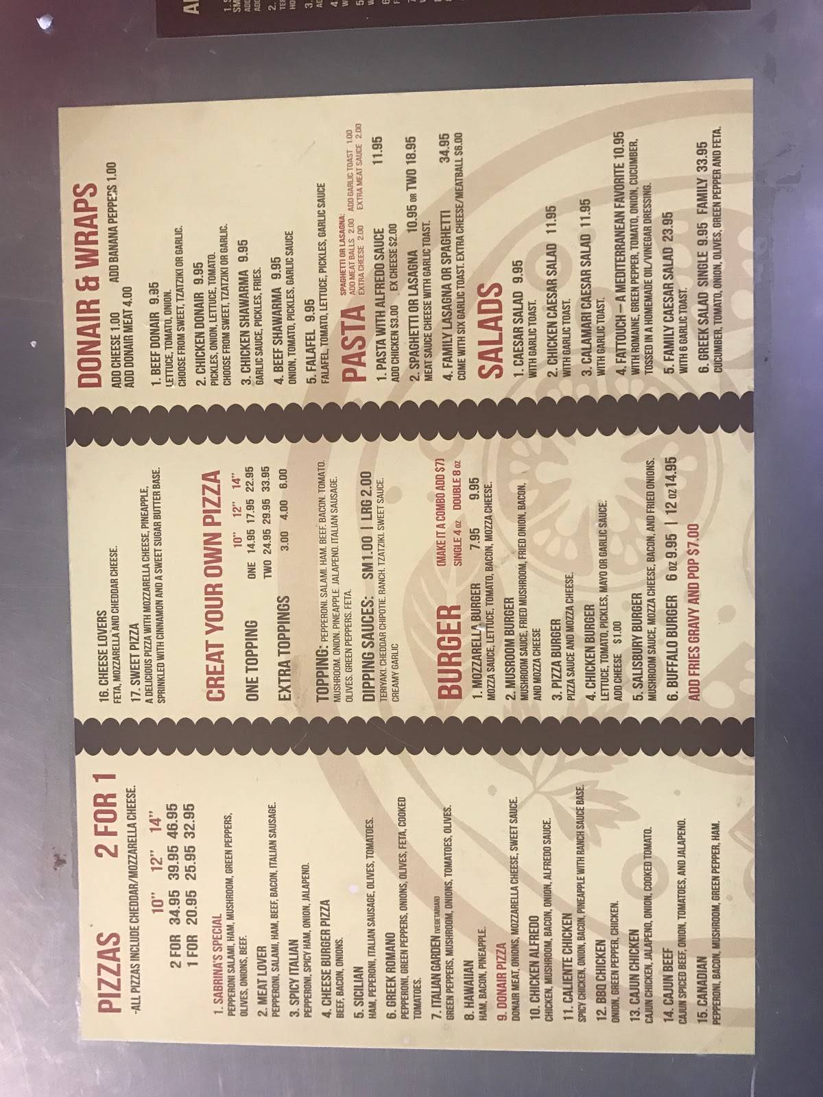 Menu at Sabrina's Pizzeria, Blackfalds