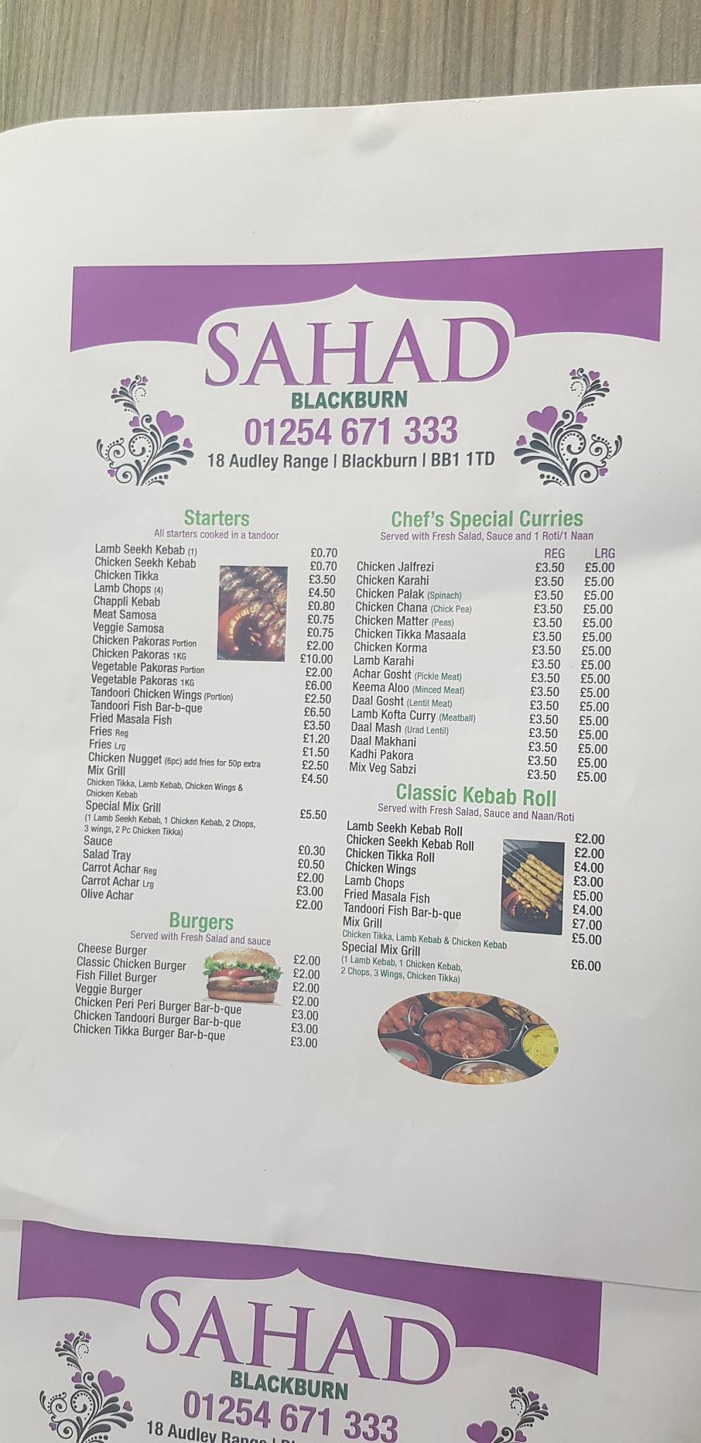 Menu at Sahad Kebab House fast food, Blackburn