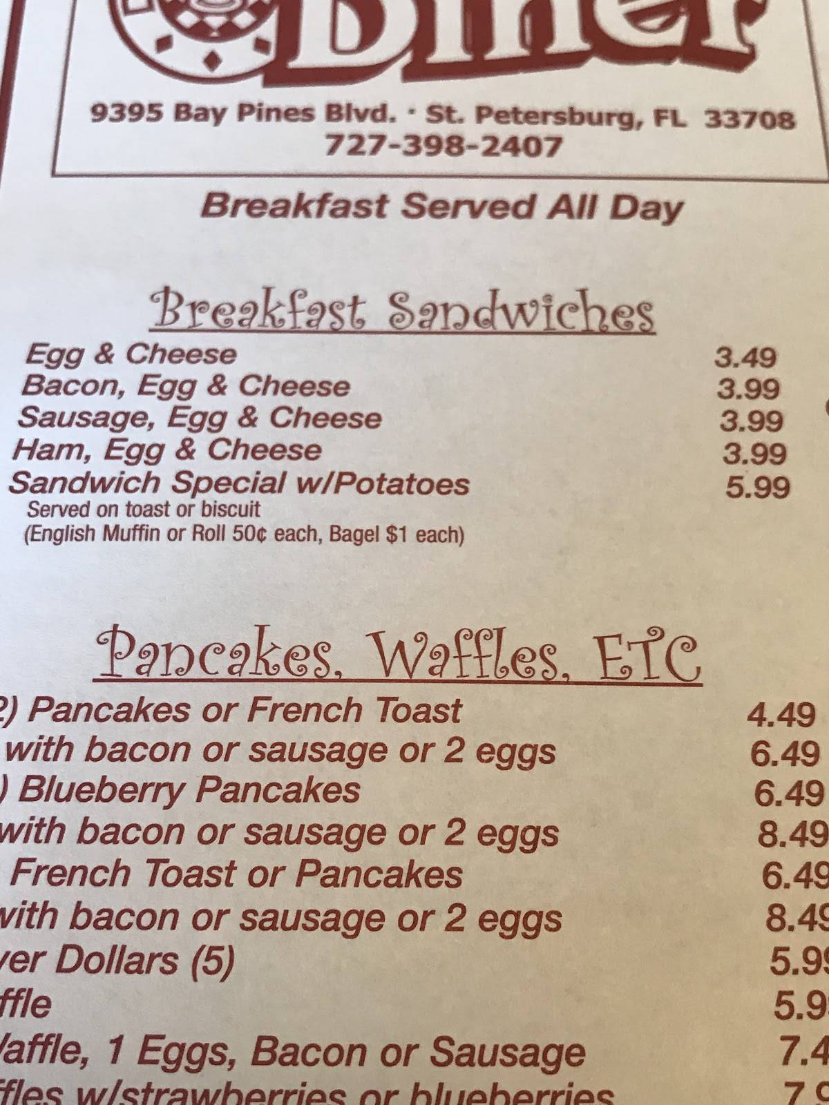 Menu at Doe Doe's Diner restaurant, Seminole