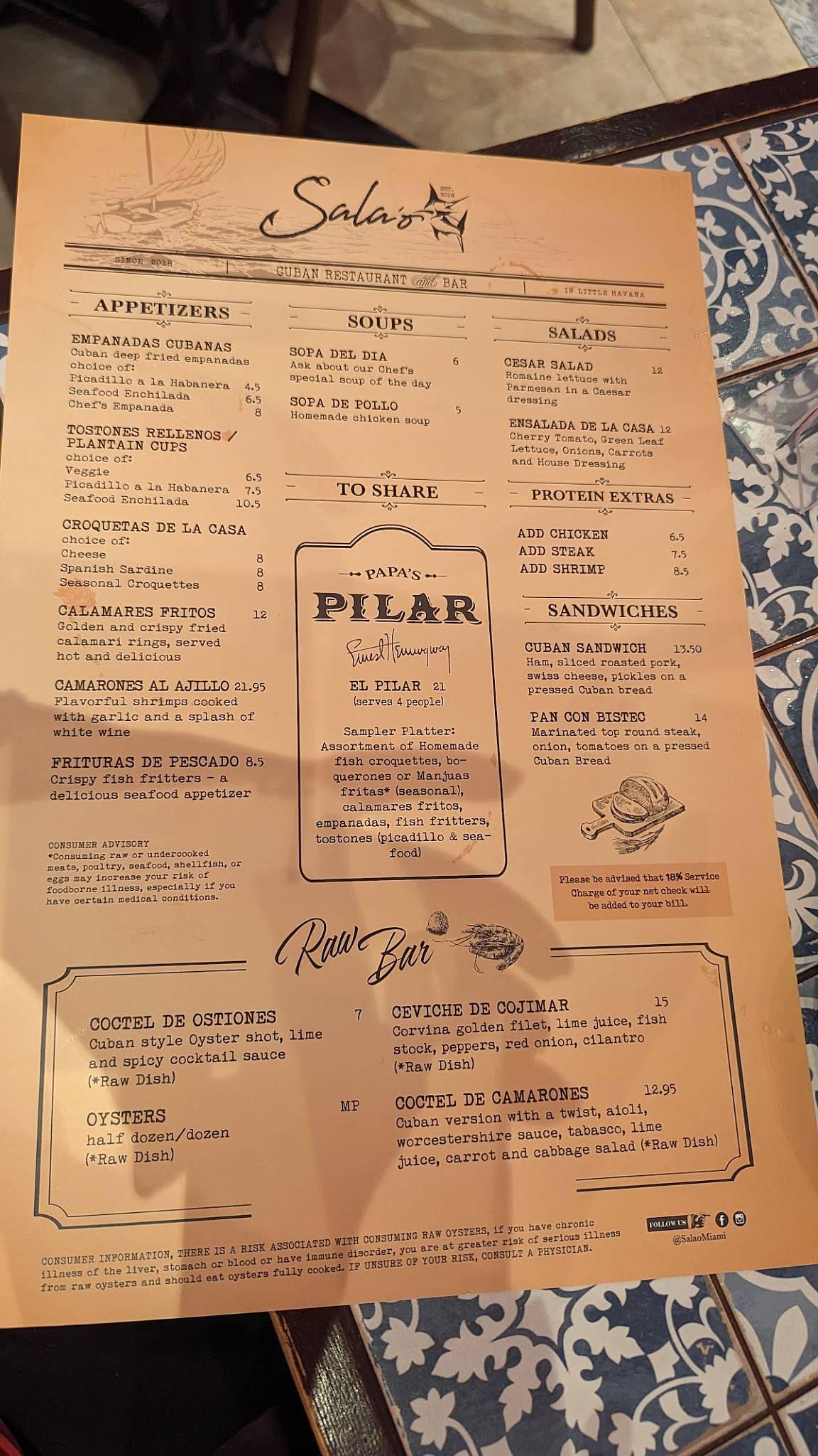 Menu at Sala'o Cuban Restaurant & Bar - Live music, Miami